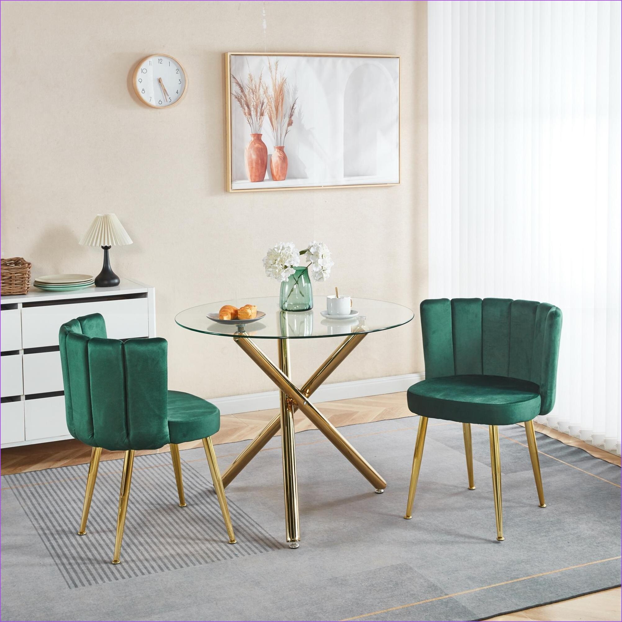 Watnature Set of 2 Velvet Sage Green Accent Dining Chairs Golden Iron ...
