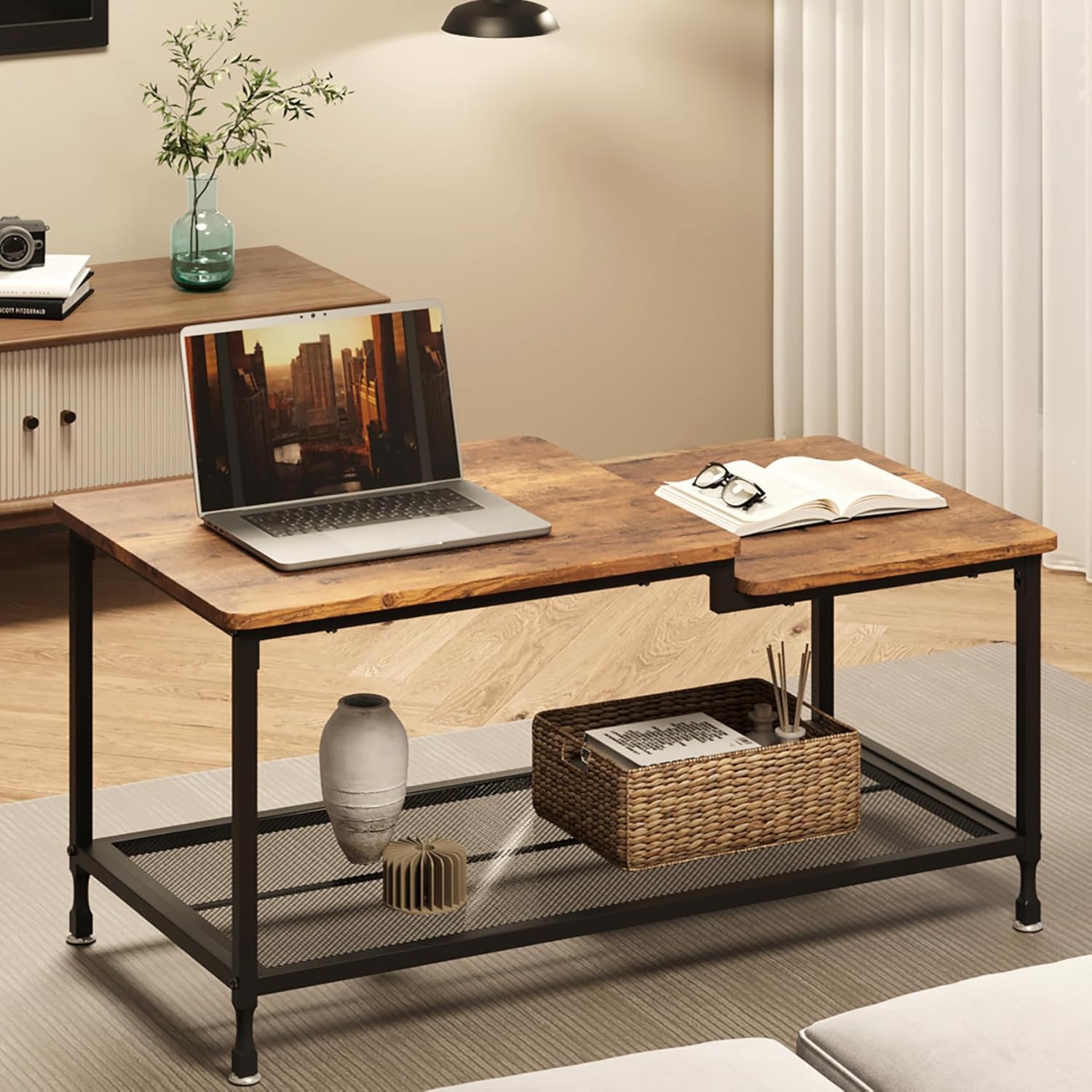 Garvee Coffee Table Industrial Living Room Table 2-Tier Rustic Center ...