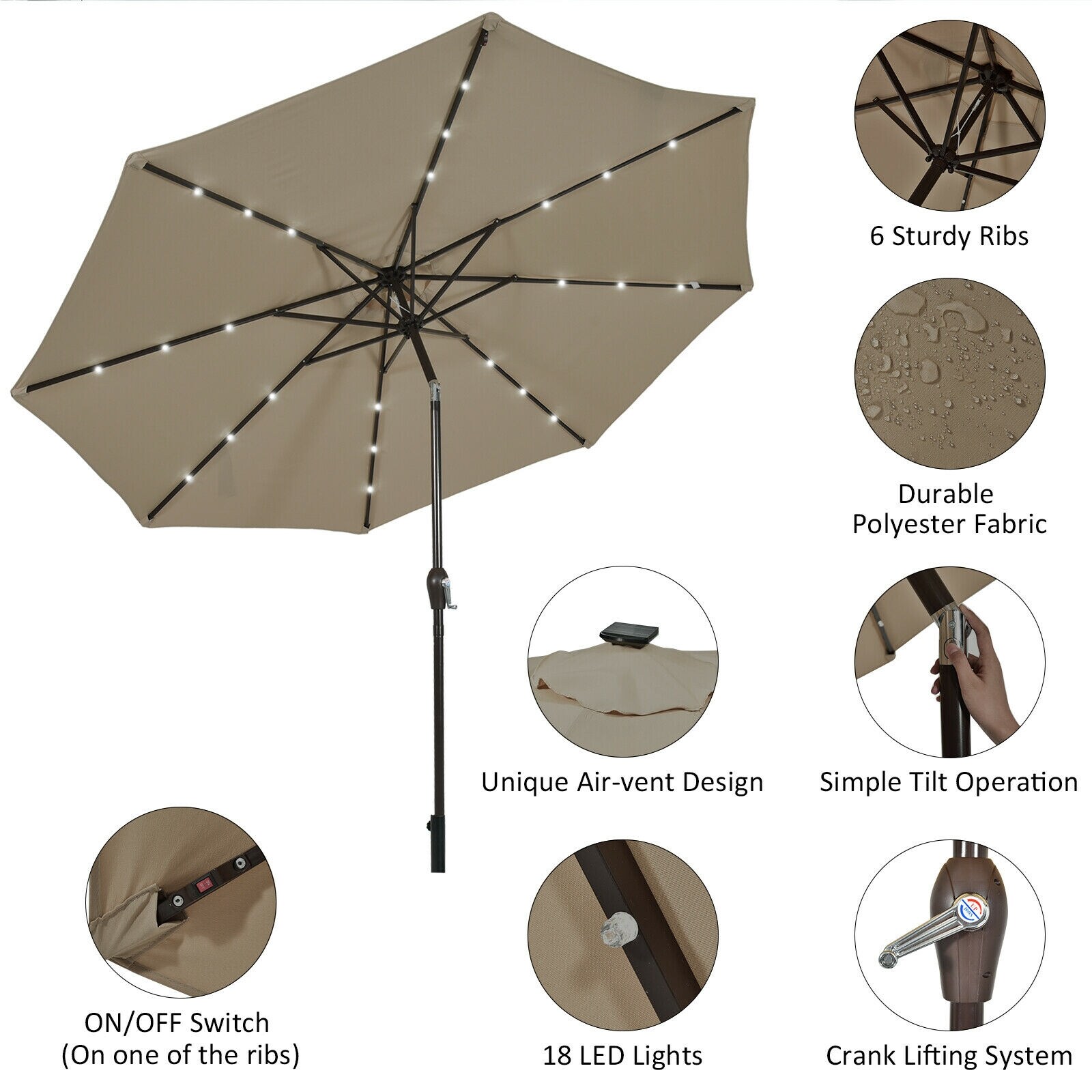 CALVON 10-ft Iron Tan Crank Market Patio Umbrella with Lights in the ...