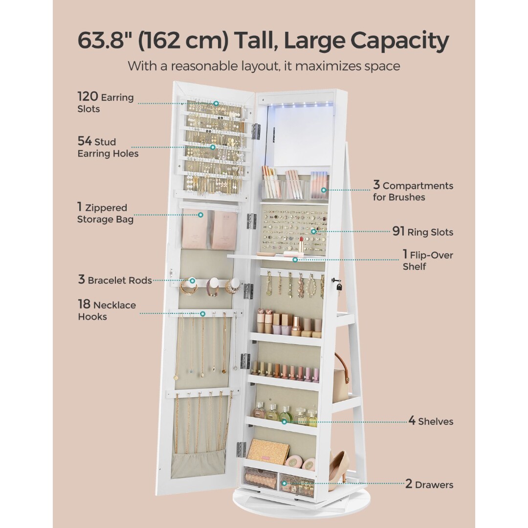 Slickblue Freestanding Jewelry Armoire with LED- Full-Length Mirror ...
