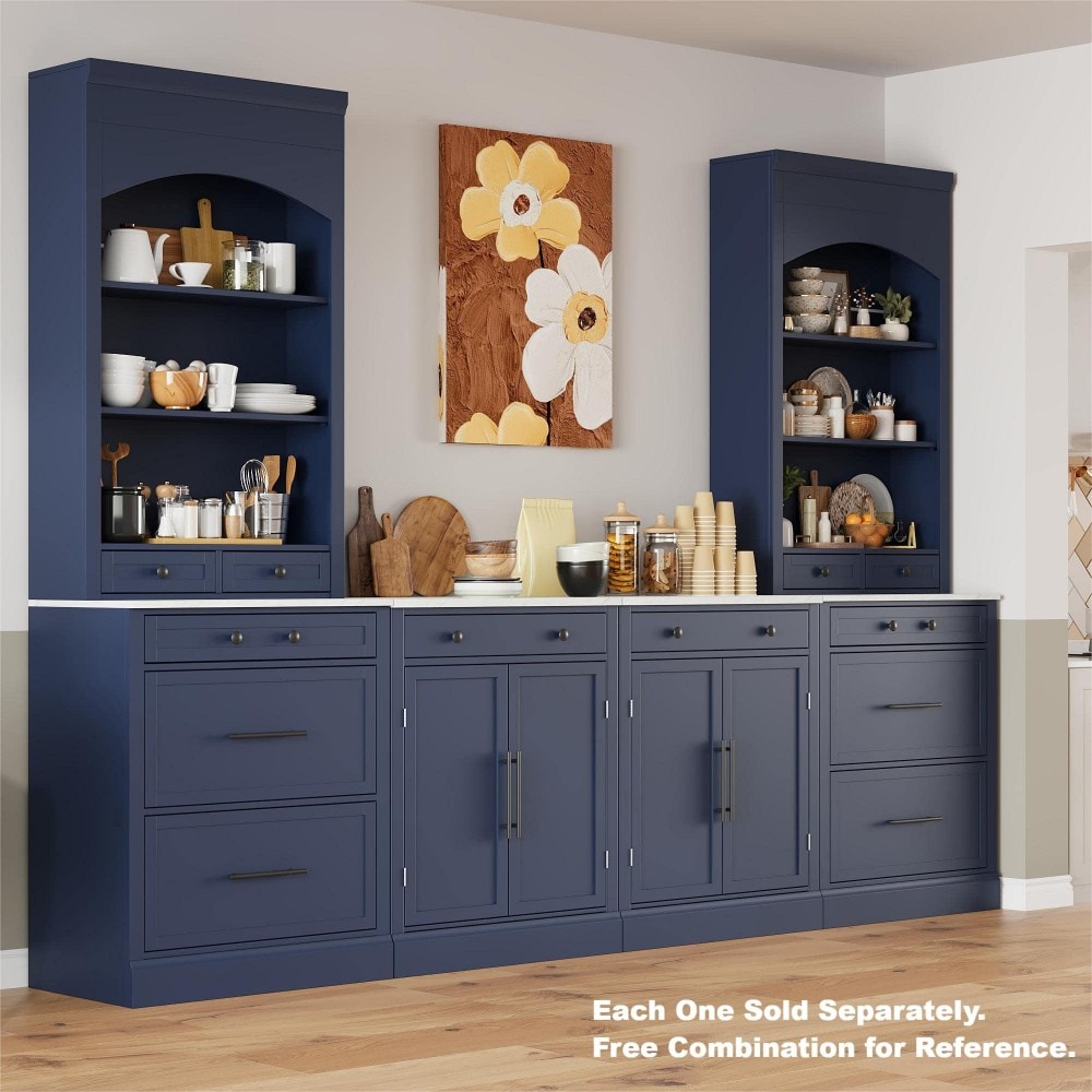 GlasFlength Modern Tall Kitchen Pantry Hutch Blue Freestanding Cabinet ...
