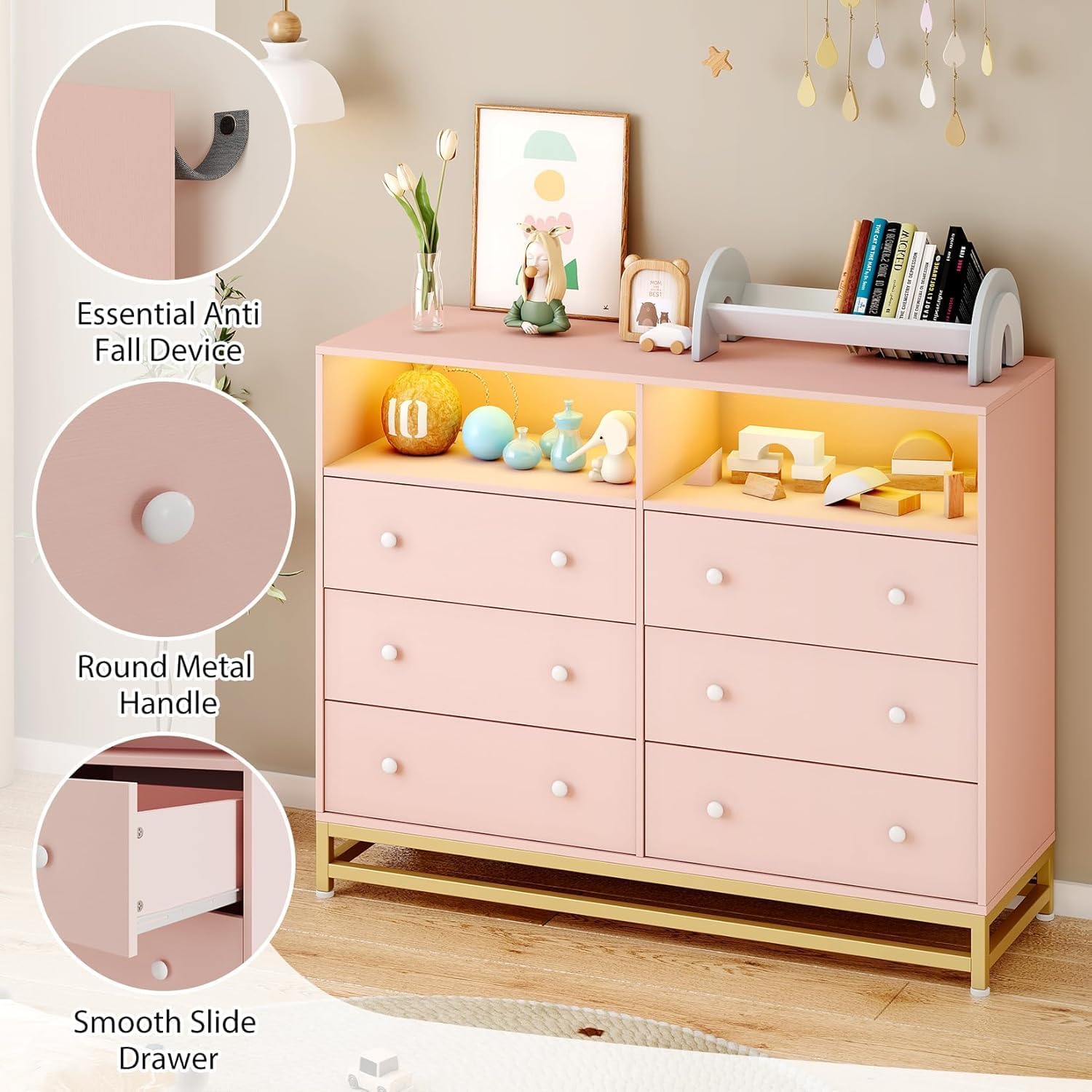 Garvee Pink Wood Dresser With Six Drawers Charging Station LED Lights ...