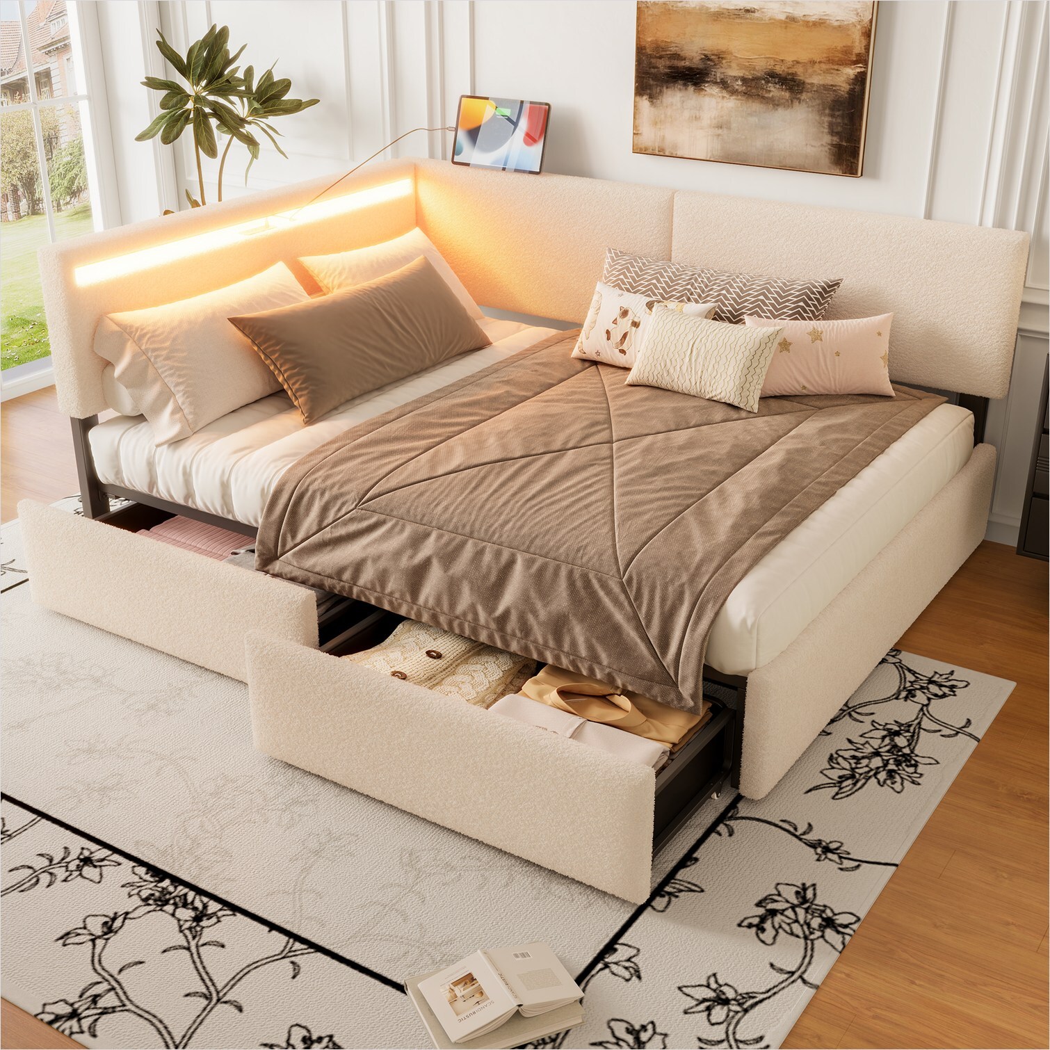 Naturefalls Warm Beige Boucle Upholstered Twin Bed Frame with Storage ...