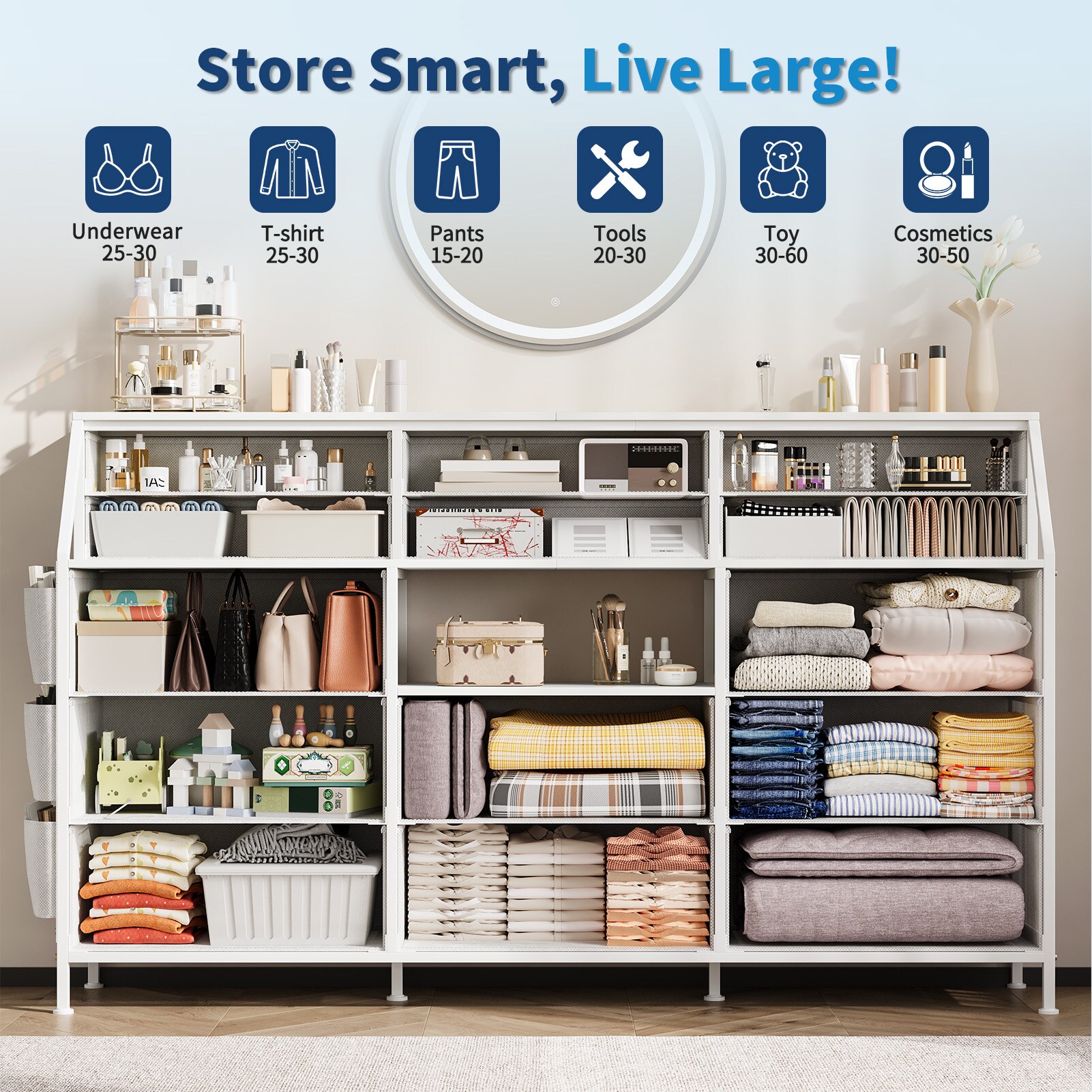 GarveeLife Extra Wide 14 Drawer Fabric Dresser TV Stand with Wood Top ...