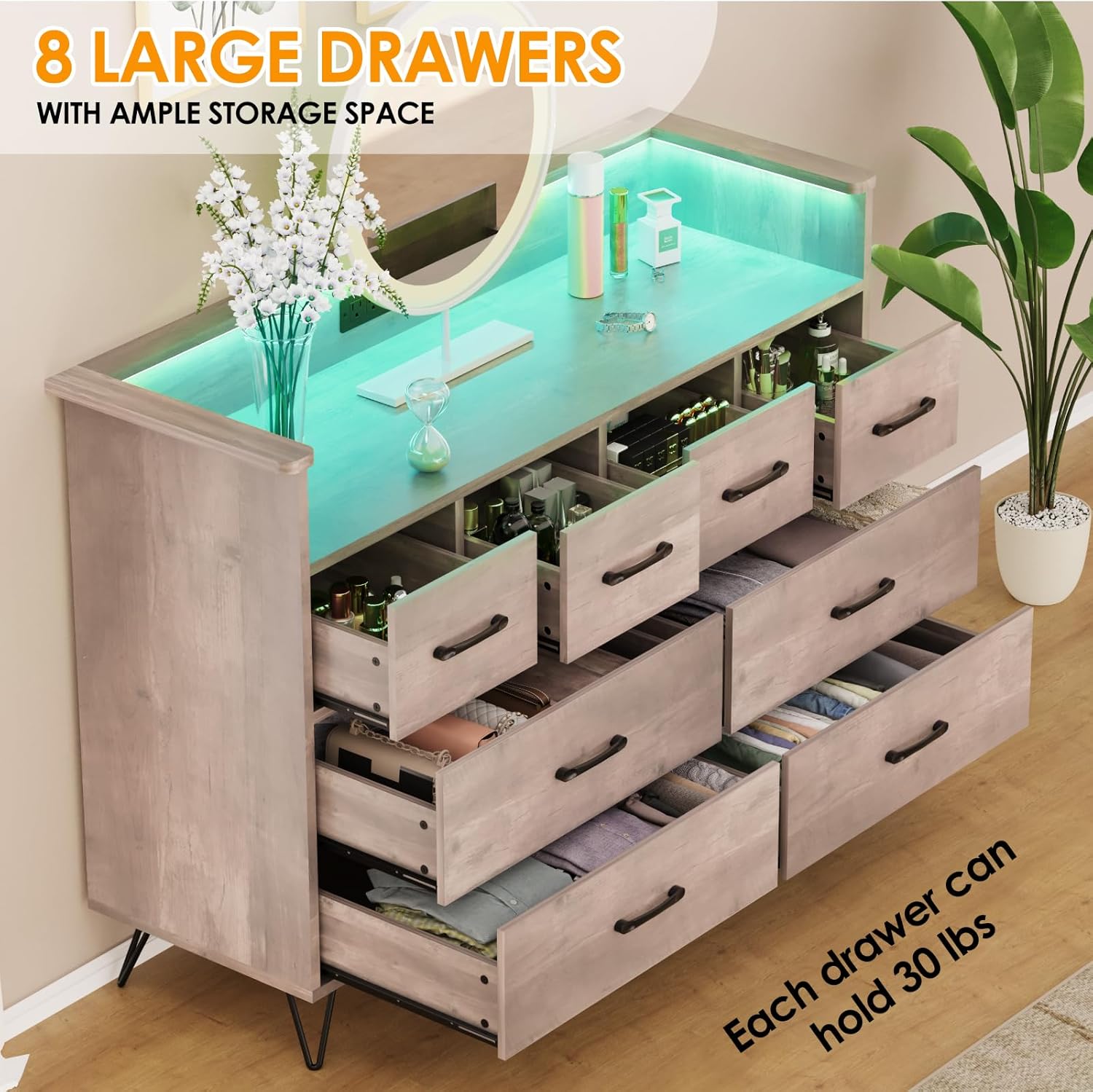 Garvee Tall 8 Drawer Wooden Dresser Charging Station Music Sync RGB LED ...