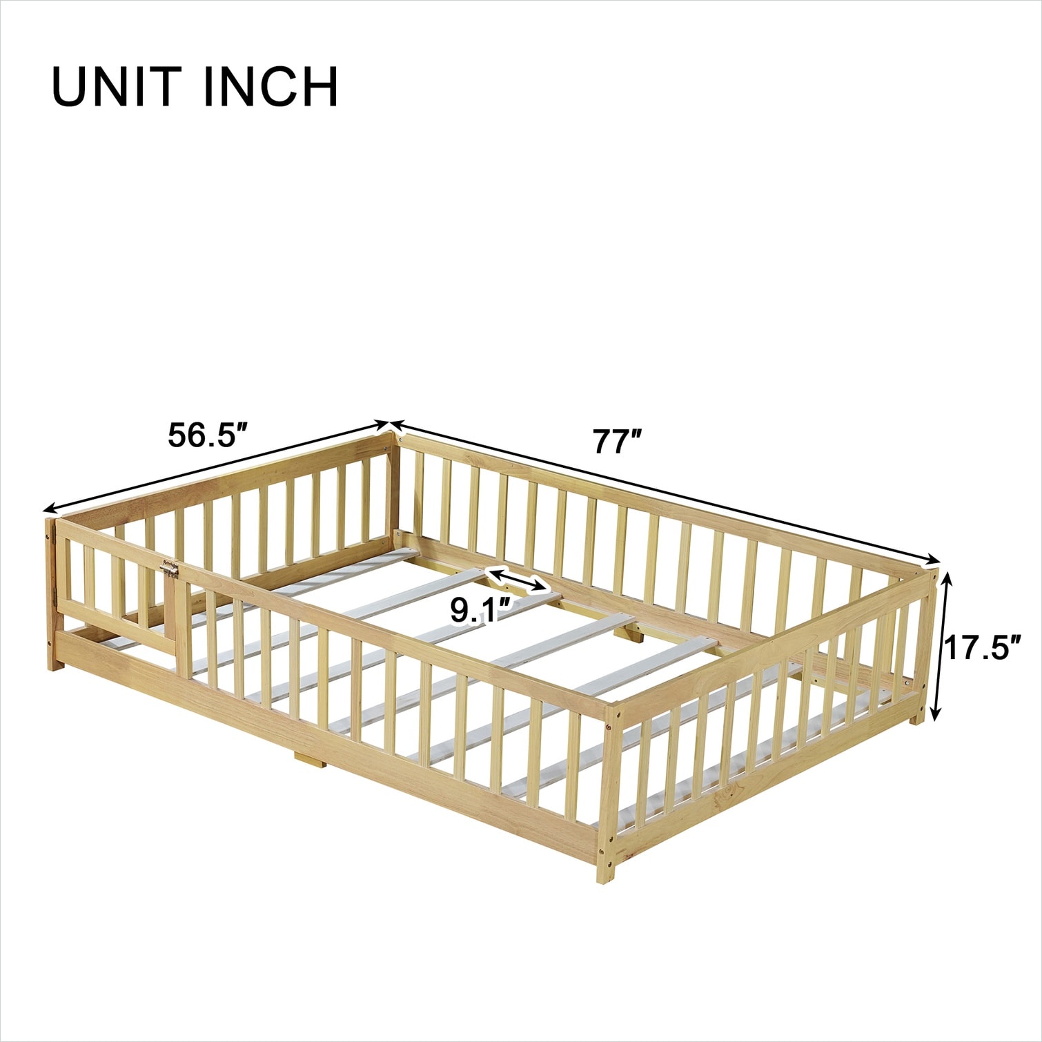 SunJet Full-Size Kids Floor Bed Natural Rubber Wood Frame with Safety ...