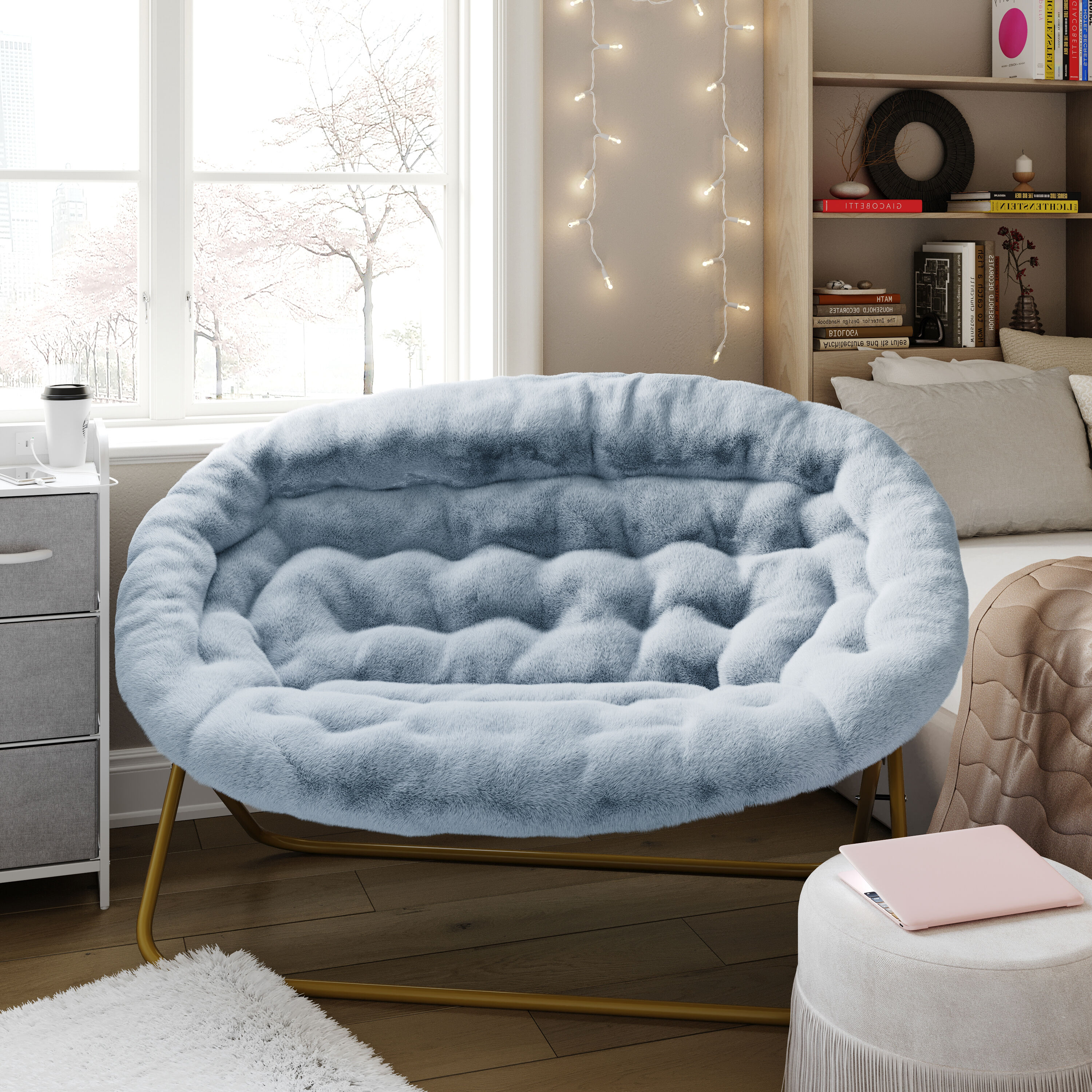 Emma + Oliver Janey Folding Double Saucer Chair in Dusty Aqua Faux Fur ...