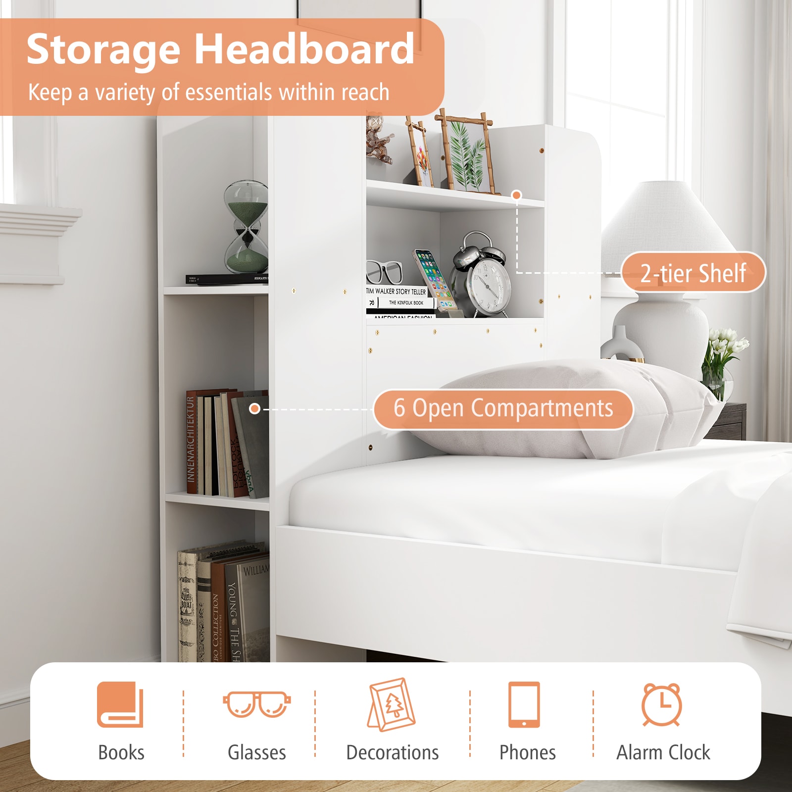 SUGIFT Twin Size Solid Wood Platform Bed Frame With Bookcase Headboard ...