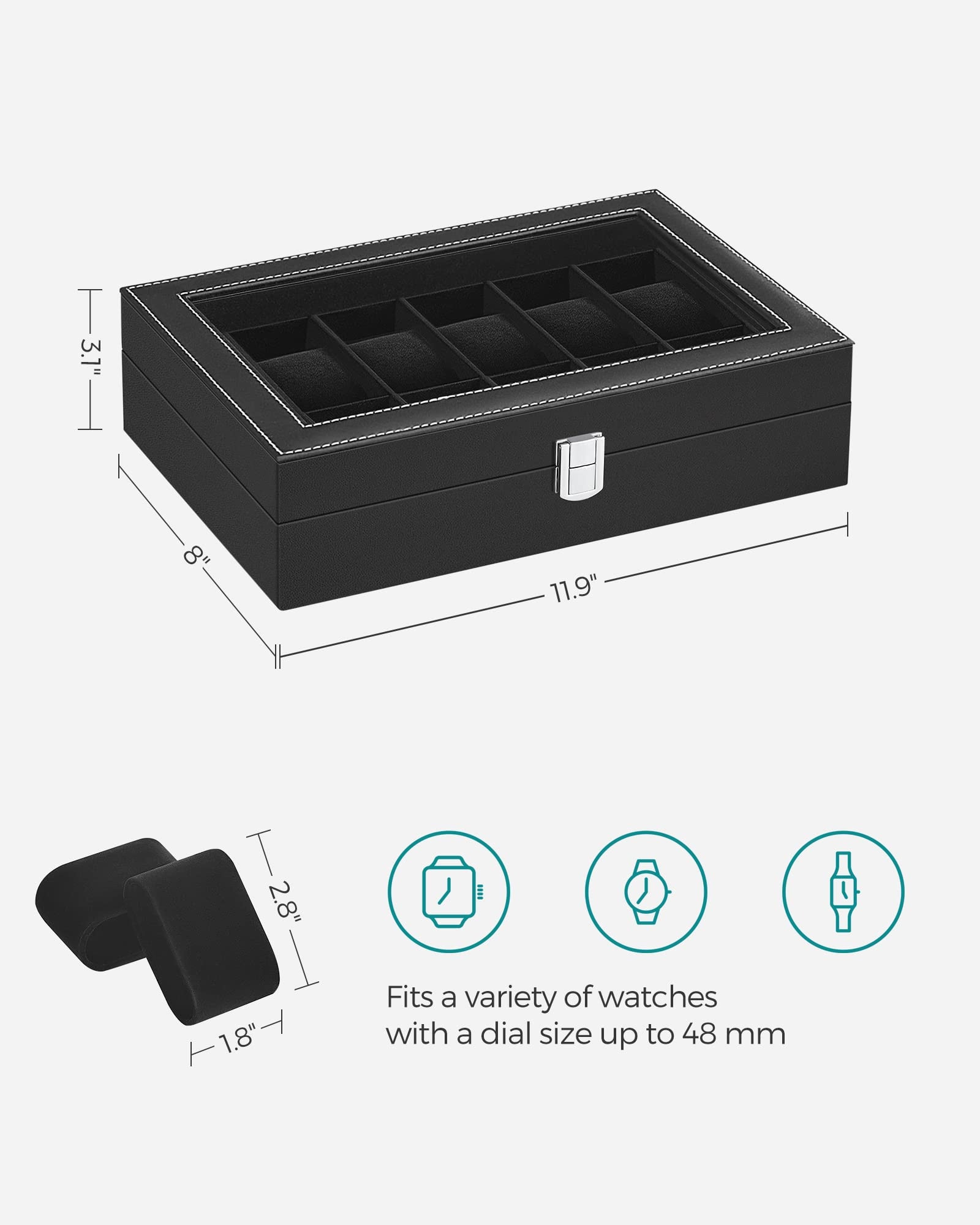 SONGMICS HOME 12-Slot Watch Box with Large Glass Lid Black Synthetic ...
