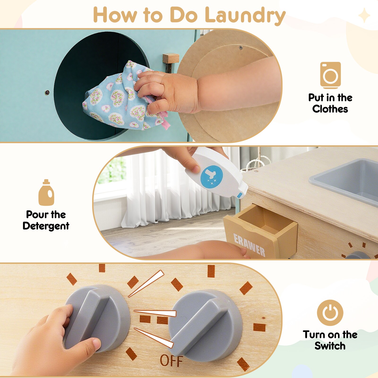 Slickblue Kids Wooden Laundry Playset with Washing Machine Removable ...