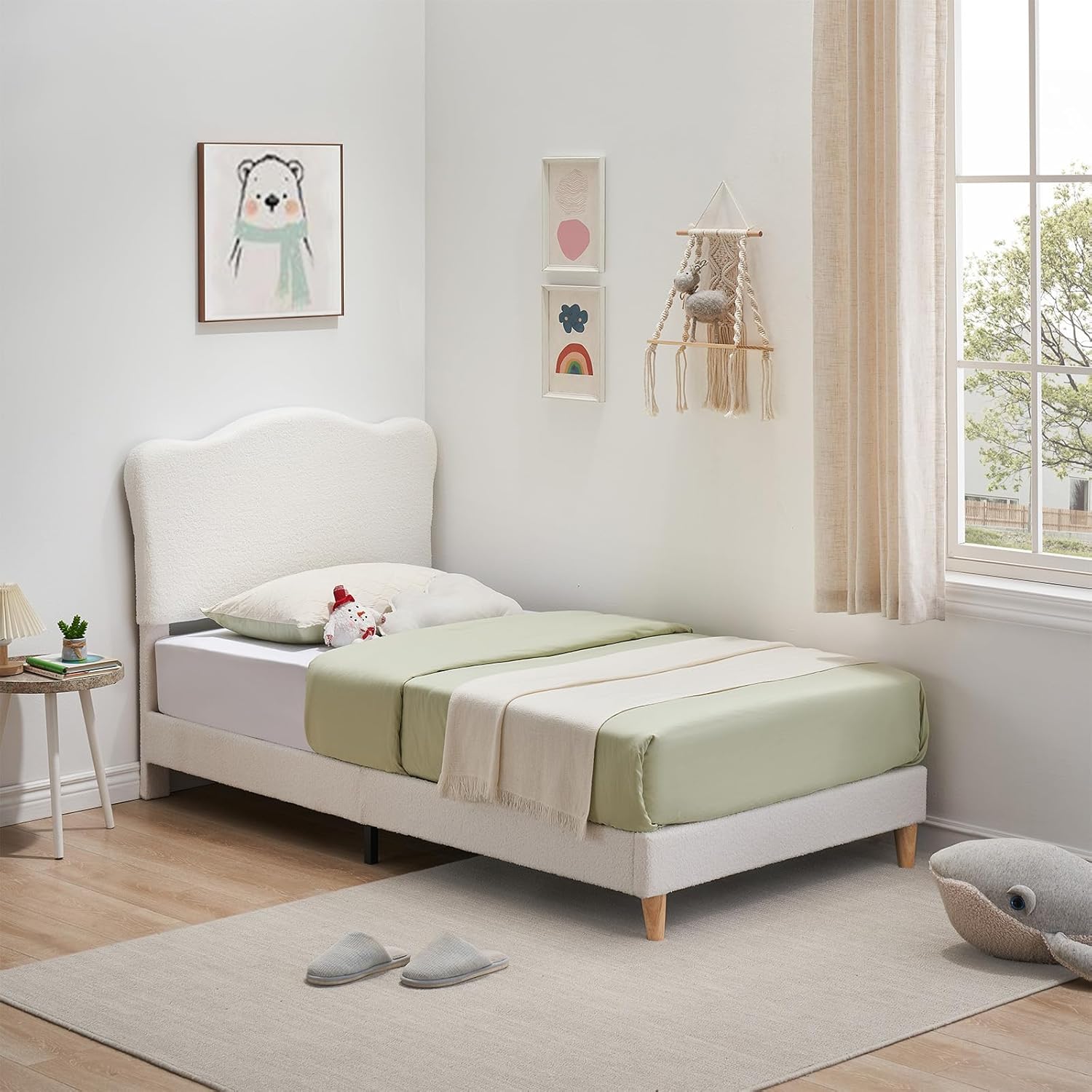 Garvee Twin Boucle Upholstered Platform Bed Frame Adjustable Headboard ...