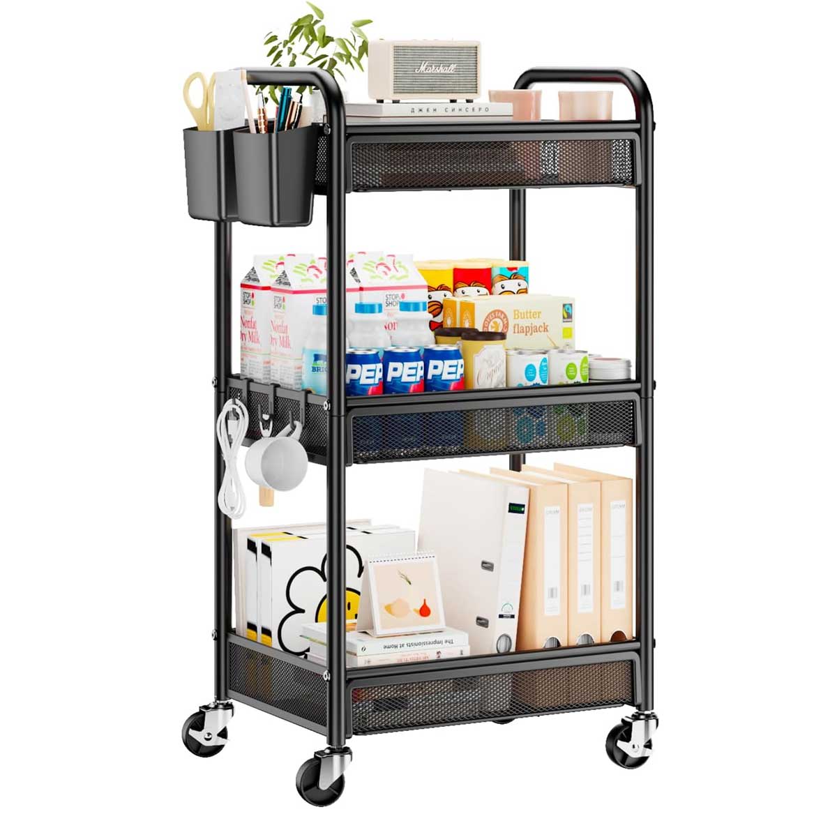 Aoibox 3 Tier Rolling Cart Metal Utility Storage Cart with Wheels Craft ...