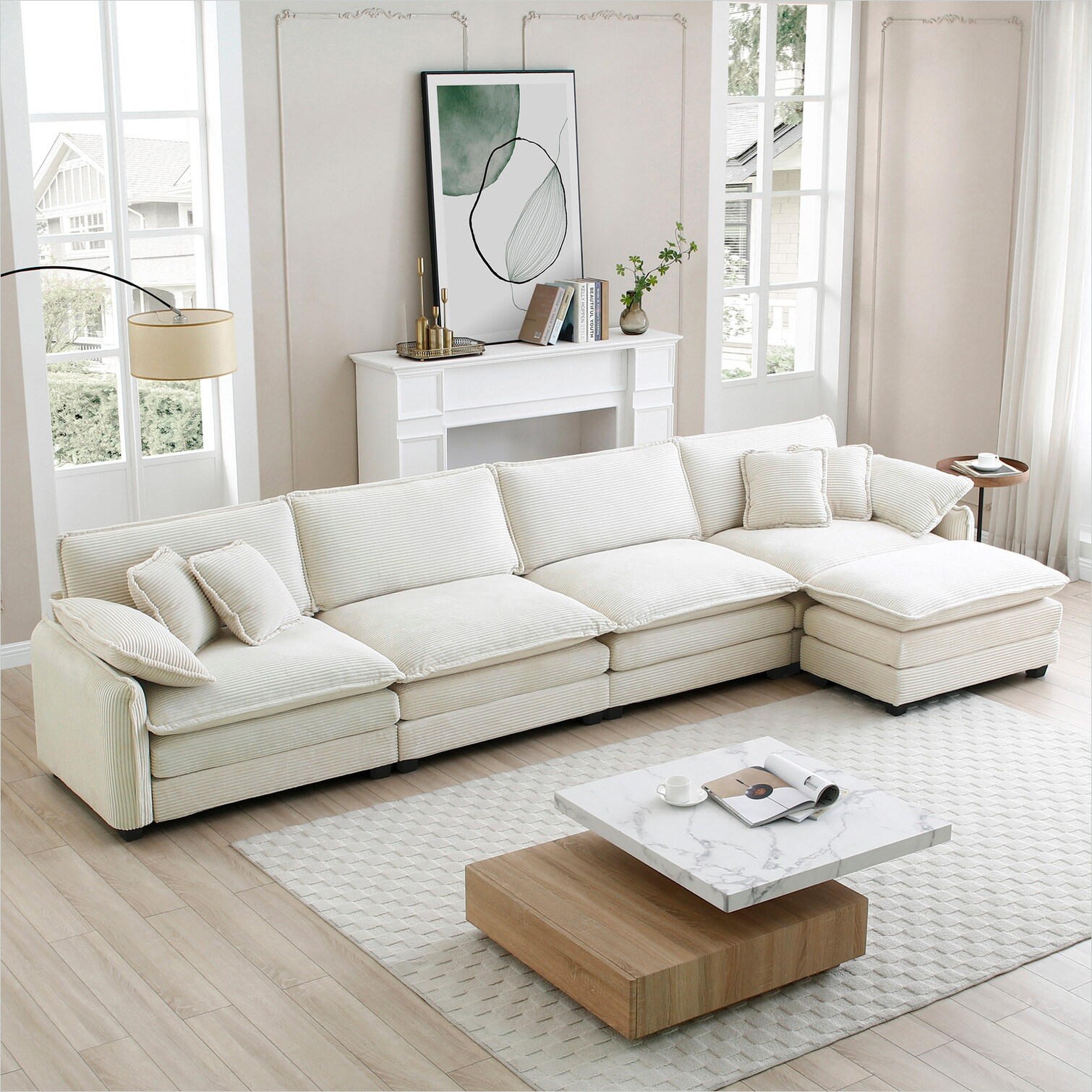 SUNCREAT 4-Seater Modern Retro Corduroy Sofa with Footstool for Living ...
