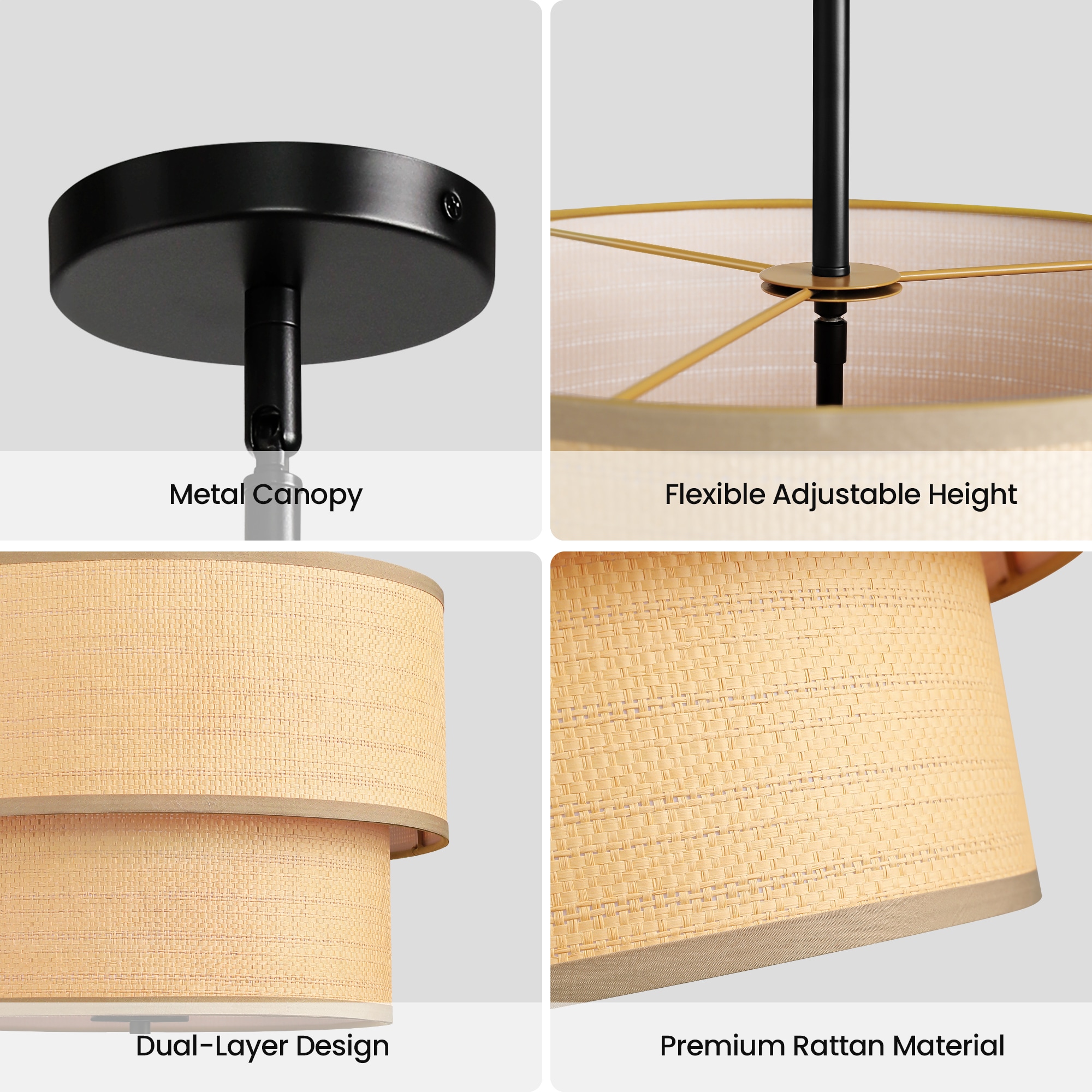 KAISITE 18 in 5-Light 40W Height Adjustable Matte Black Natural Woven ...