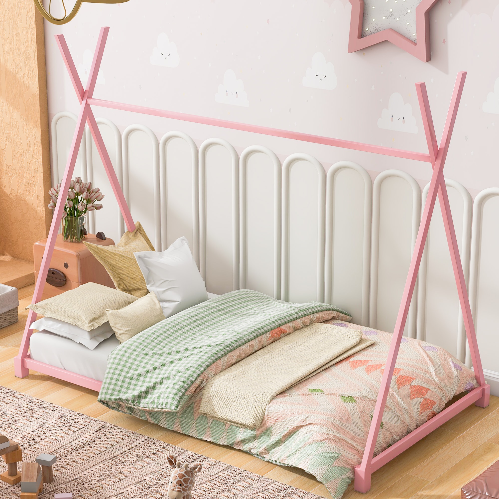 Tatayosi Pink Metal Twin Size House Platform Bed with Triangle ...