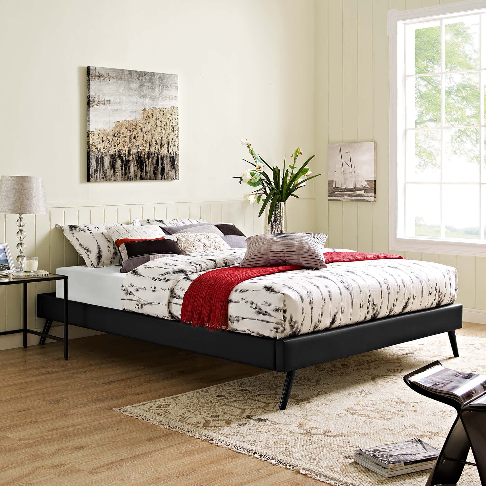 Modway Loryn Vinyl King Bed Frame with Round Splayed Legs in Black in ...