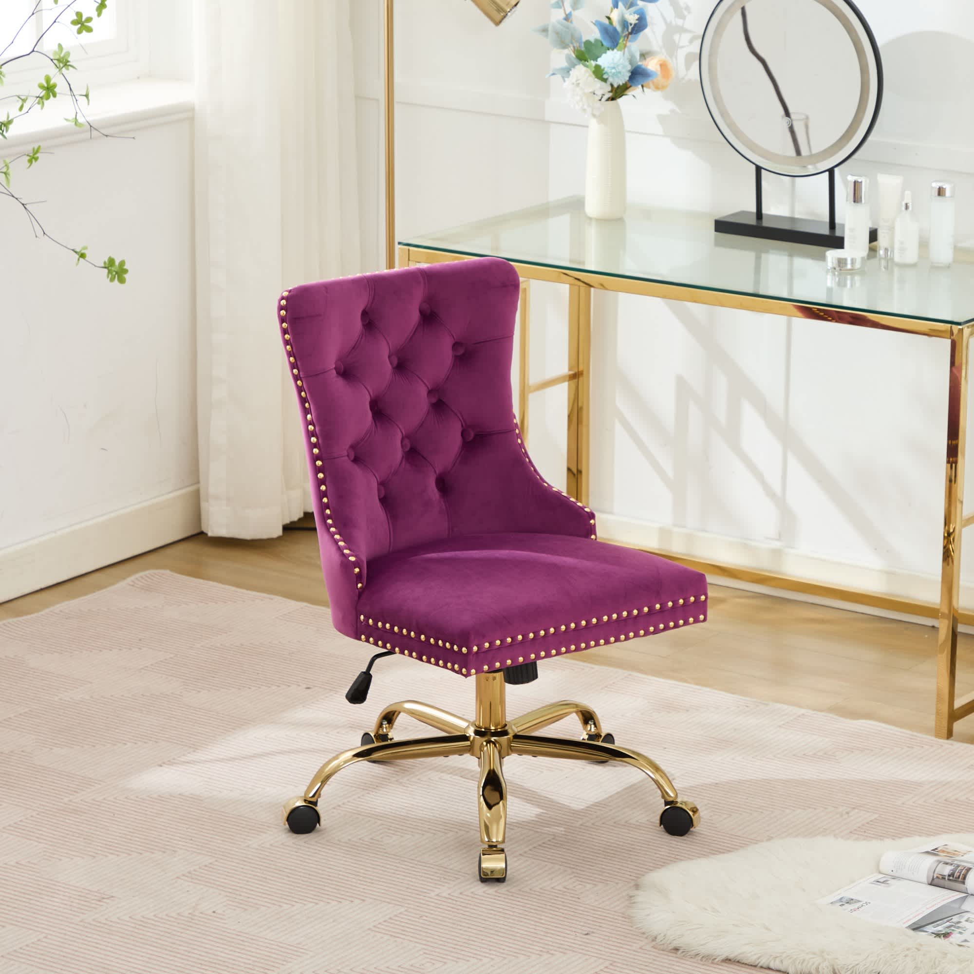 Vynxaria Purple Velvet Tufted Button Golden Base Adjustable Swivel ...