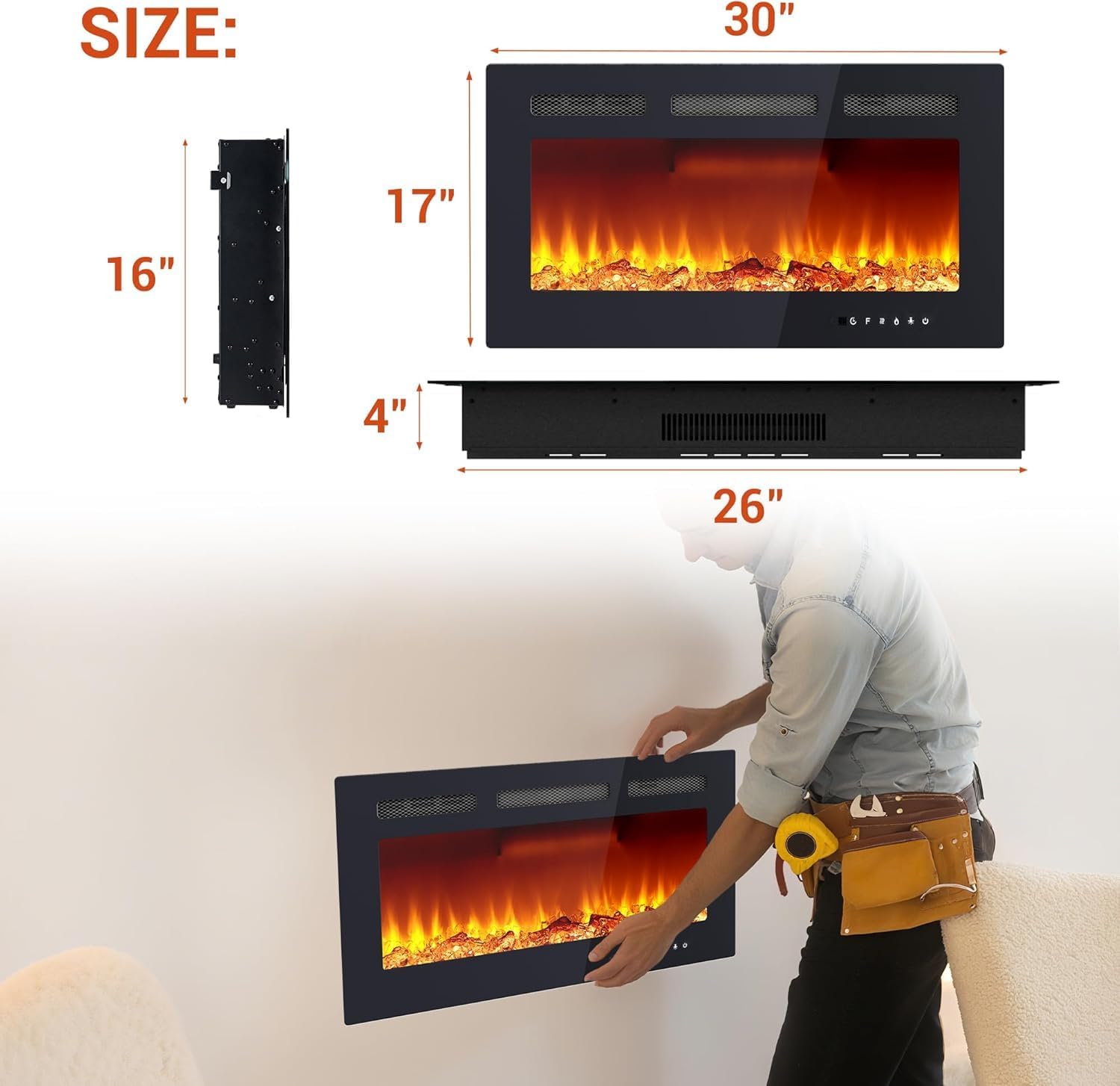 Garvee 30 in Wall Mounted Electric Fireplace with Touch Controls ...
