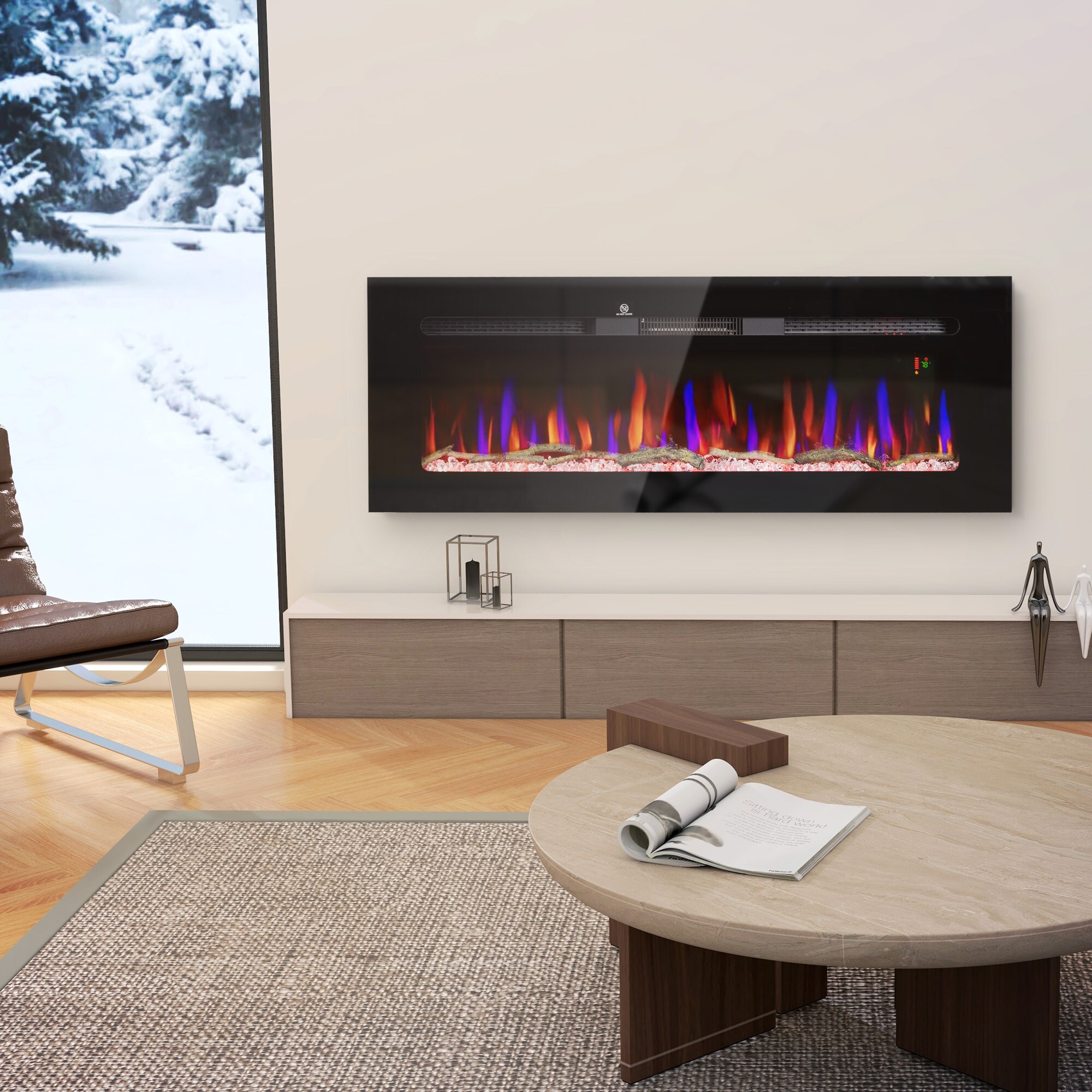 Bybafun 50-in W Black Wall mount Fan-forced Electric Fireplace with ...