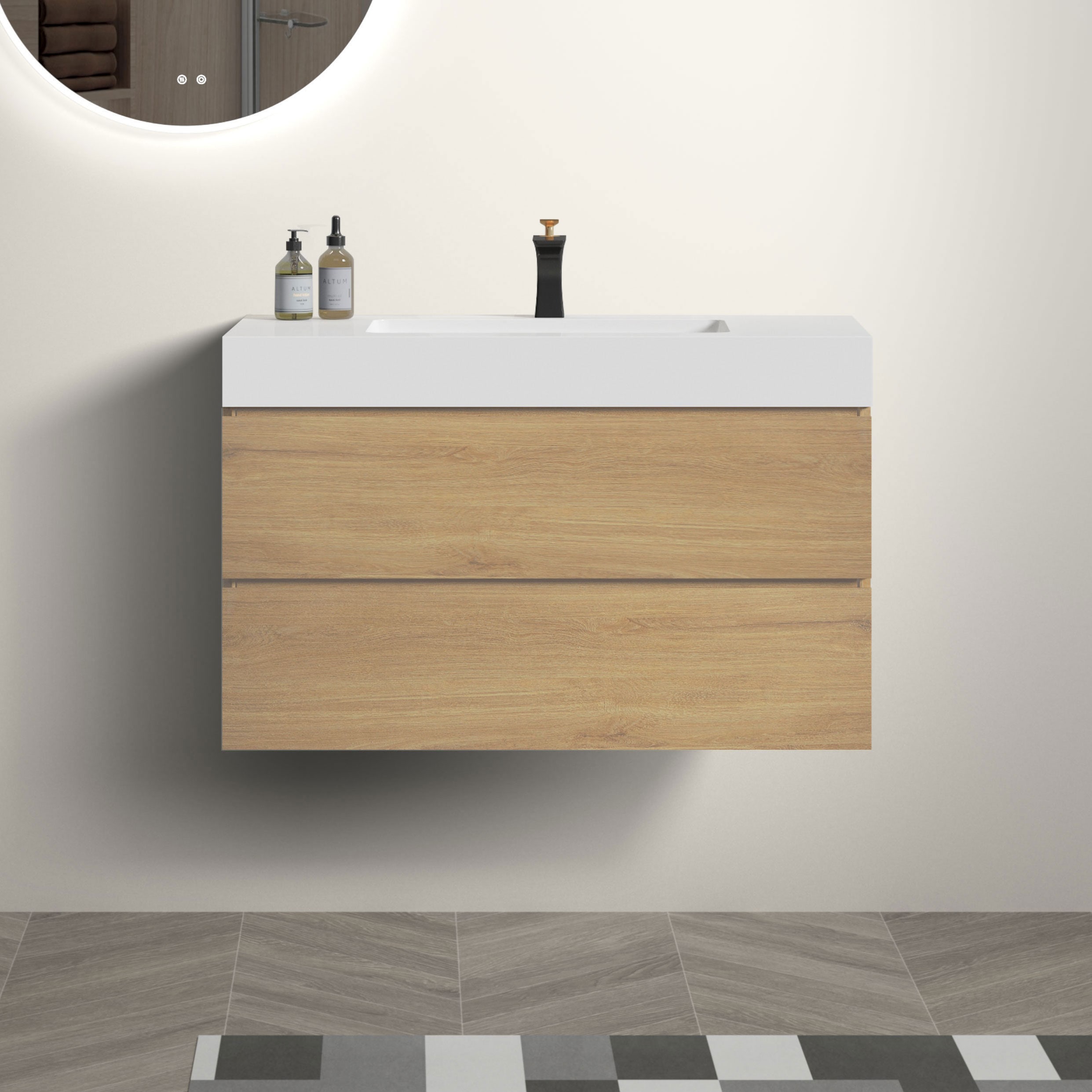 Tatayosi 36 Inch Oak Wall Mounted Floating Bathroom Vanity with One ...