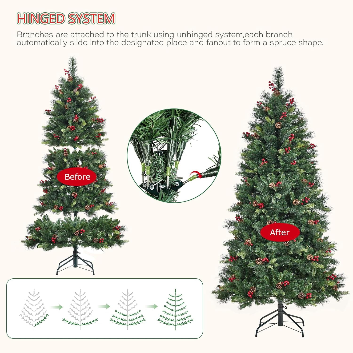 Garvee 2025 Christmas Starry Large Tree with Pine Cones and Red Berries ...
