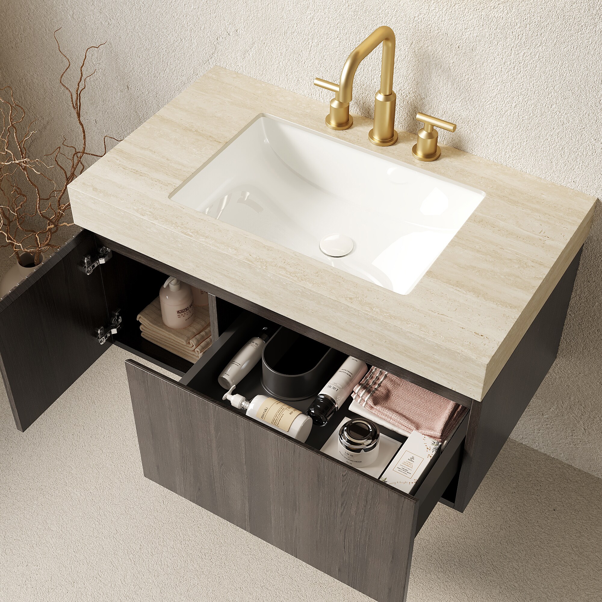 Afhocomp 36 in. Single Sink Wall-mount Espresso Bath Vanity with Almond ...