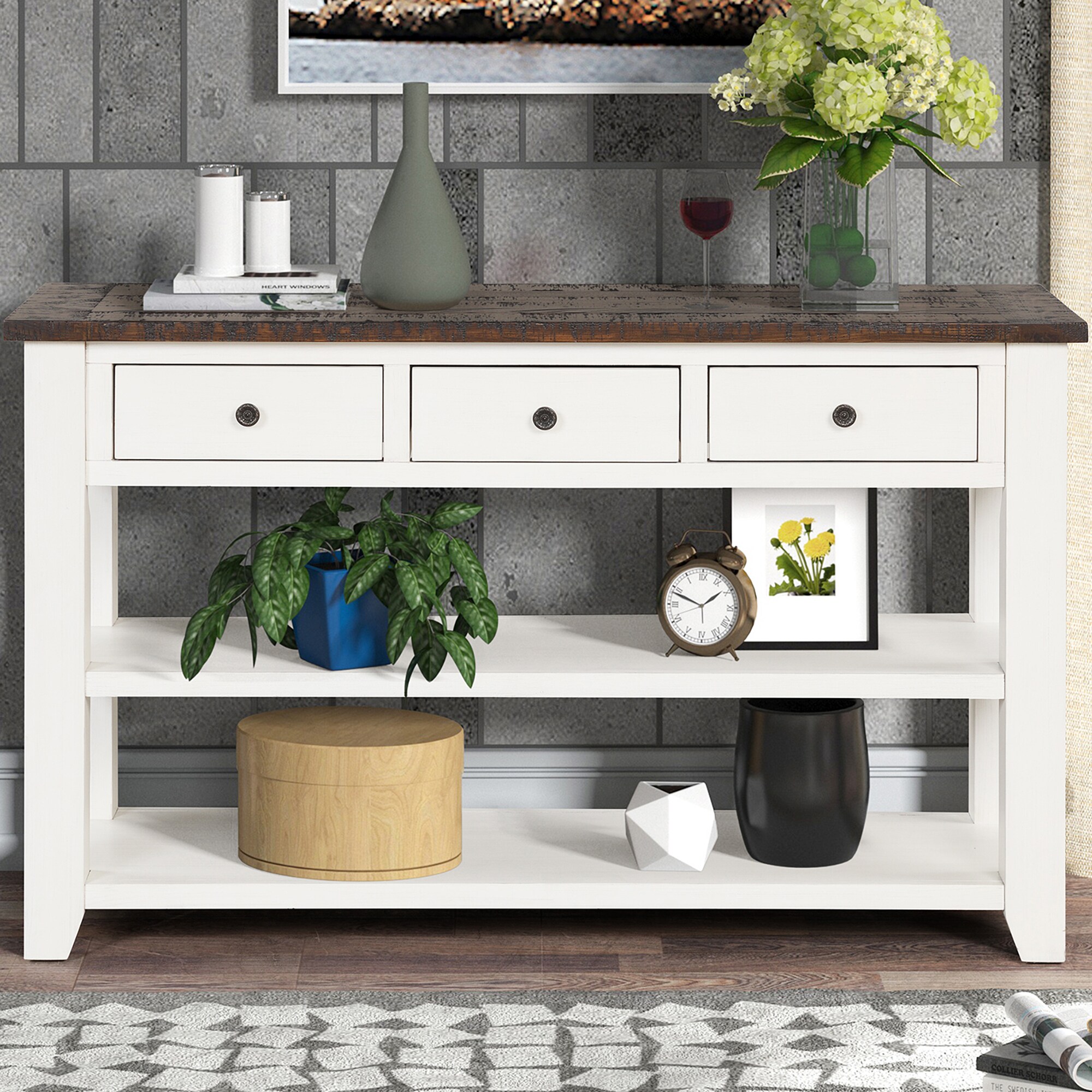 Huluwat YXJ-Antique White and Brown Top 48inch Solid Pine Wood Console ...
