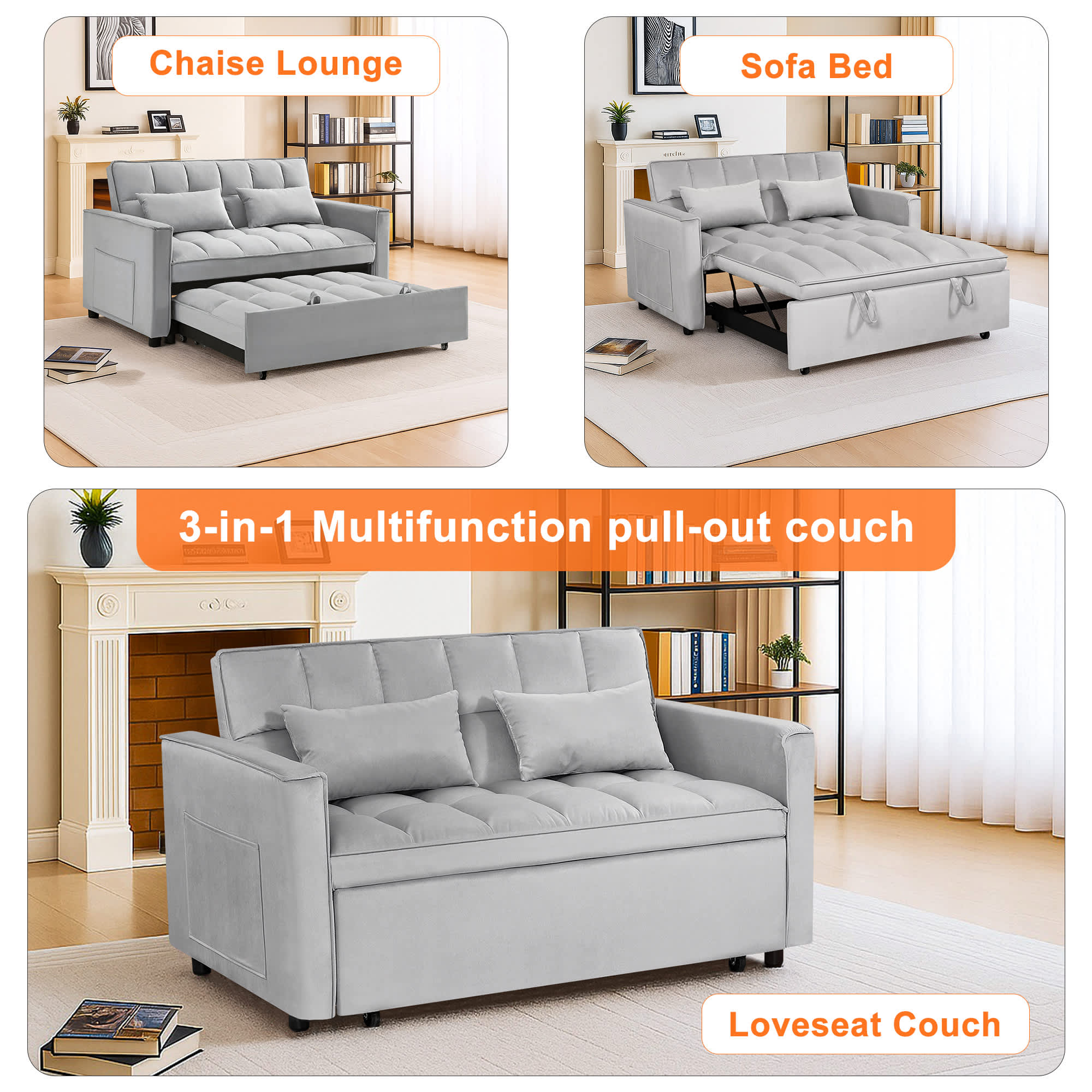 VERYKE 54 inch Futon Sofa Bed with Adjustable Backrest and Side Pockets ...