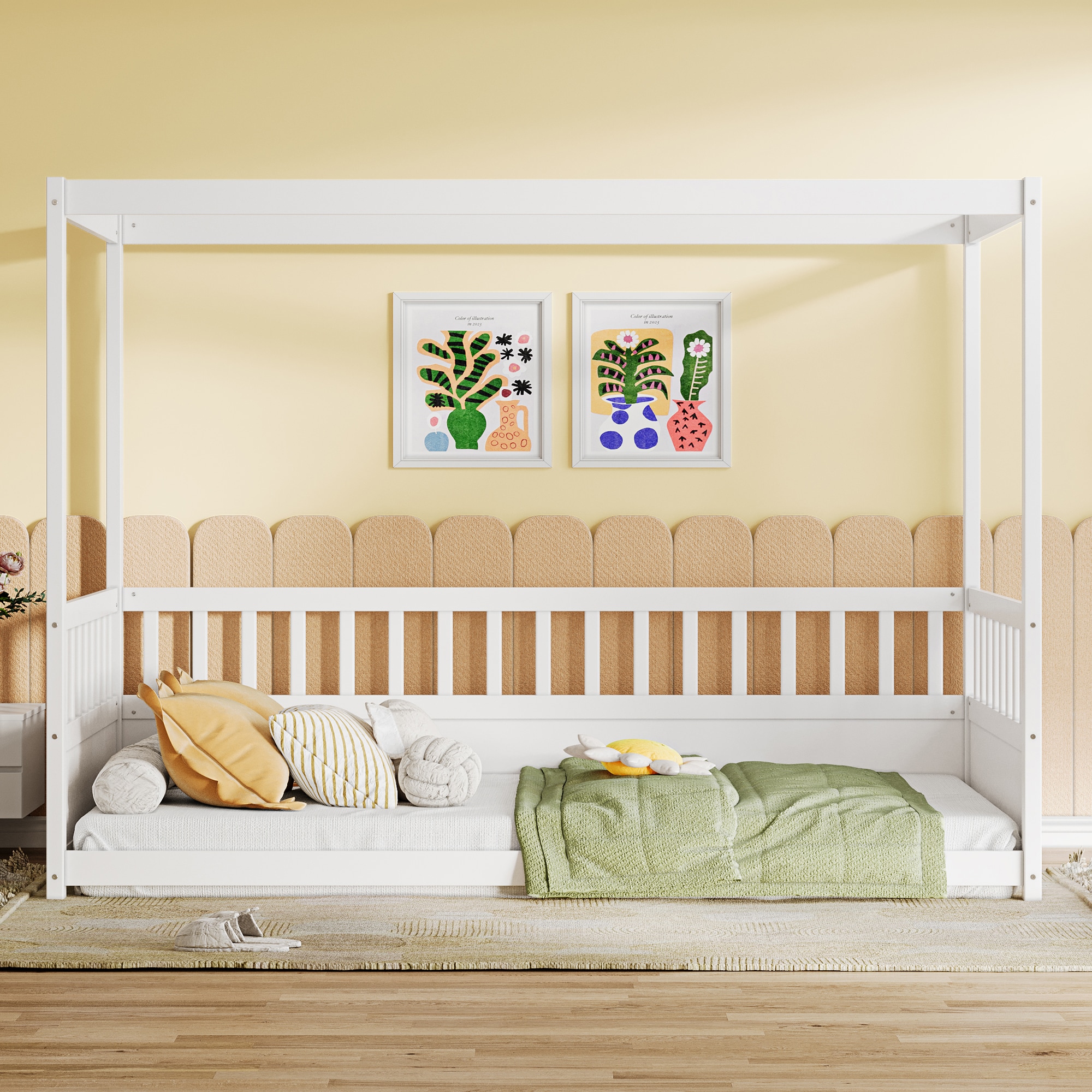 Huluwat Twin Size Canopy Bed Frame with Guardrails for Kids Floor Bed ...