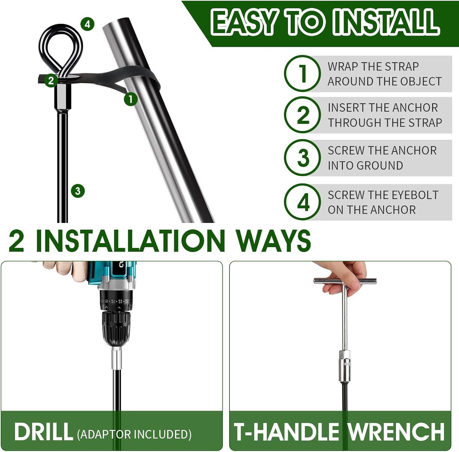 Payivsve 16-Piece Screw-In Ground Anchor Kit with Straps and T-Wrench ...