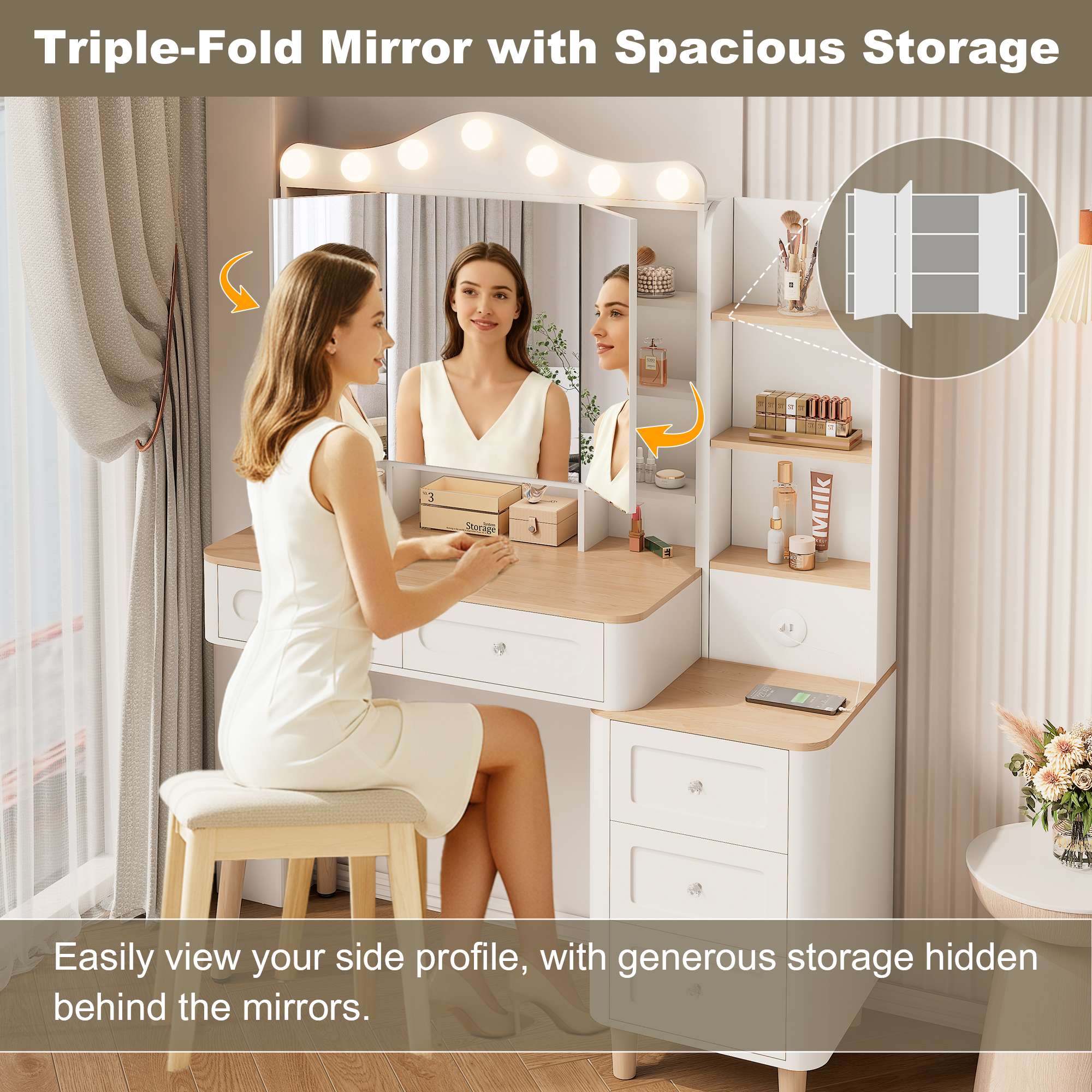 Vynxaria 2-Piece White Vanity Set with 3-Sided Foldable Mirror 3 ...
