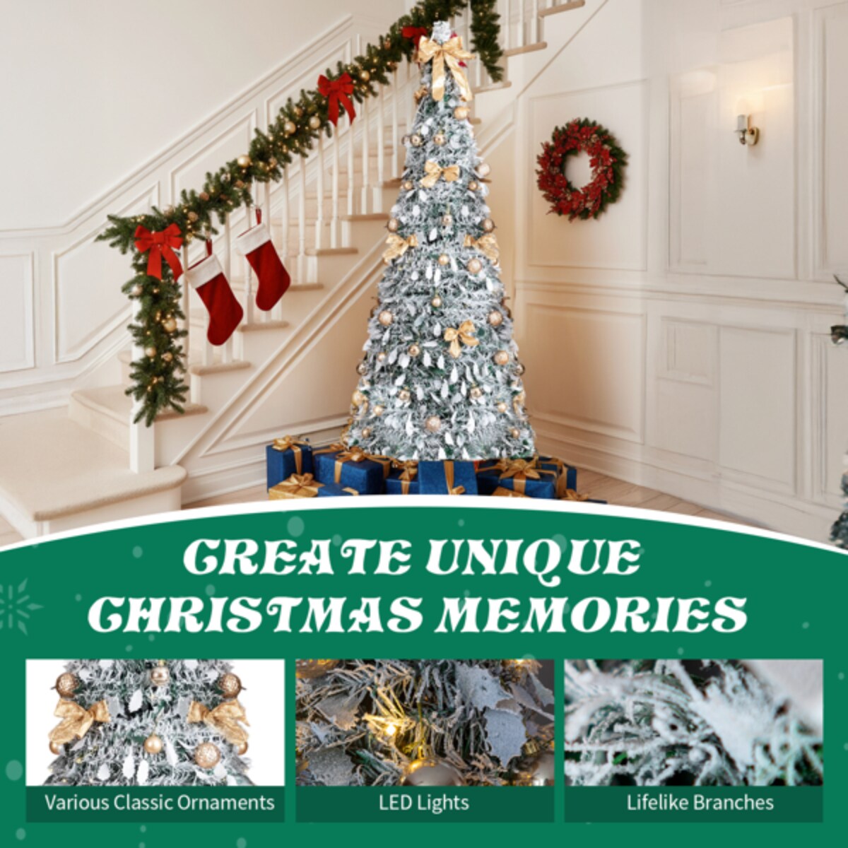 Zyerch 6FT PopUp Christmas Tree SnowFlocked Green PVC Fully Decorated ...