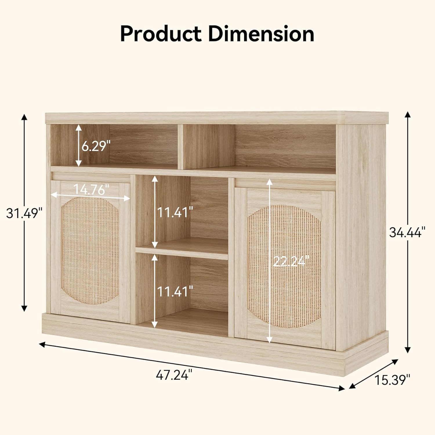 Garvee Natural Rattan Sideboard Buffet - 2 Doors/ Adjustable Shelves ...