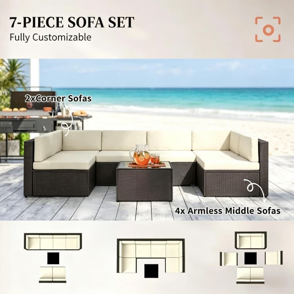 Coolbibila 7 Piece Cream Outdoor Sectional Rattan Patio Conversation ...