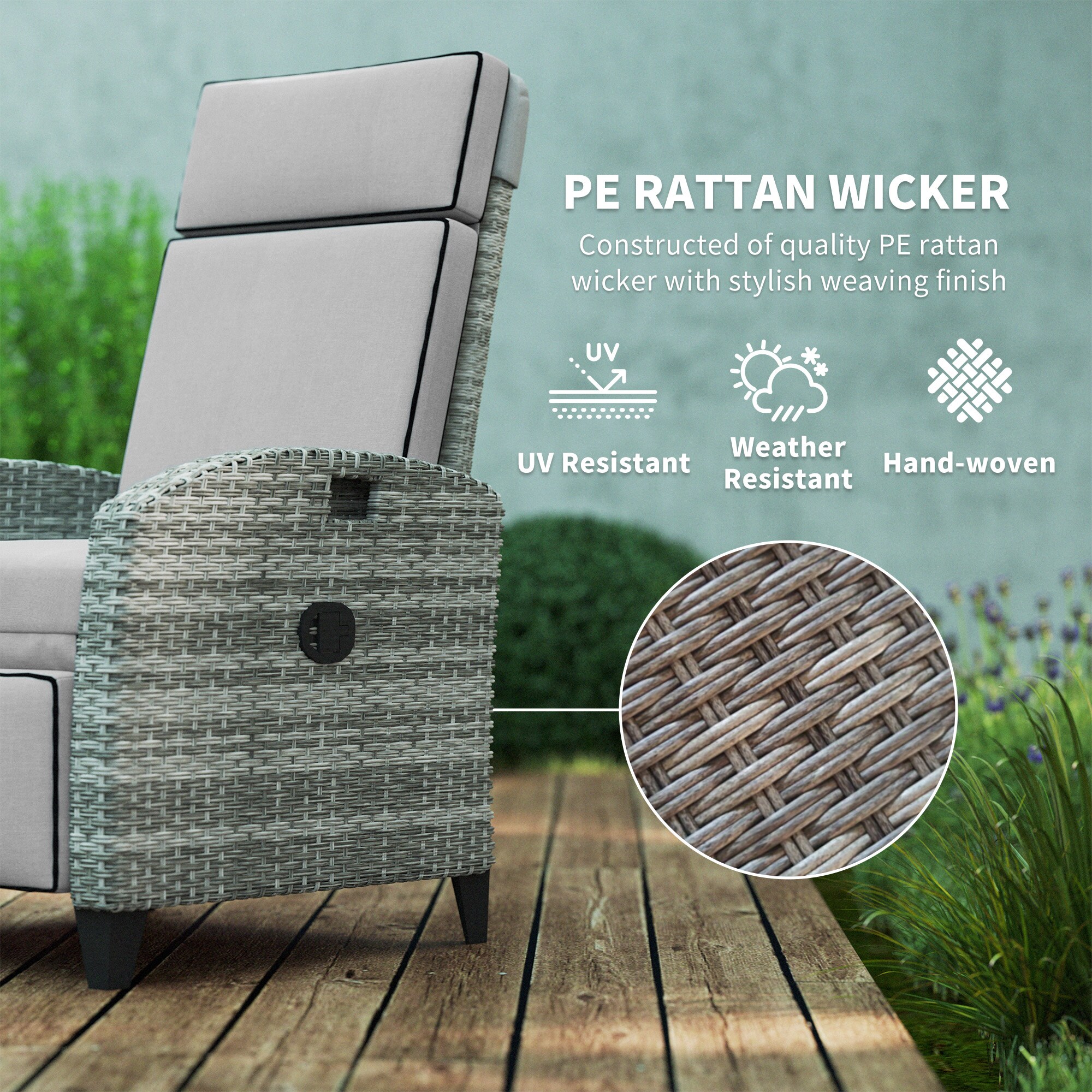 Outsunny Outdoor Recliner Chair with Cushions PE Wicker Reclining Patio ...