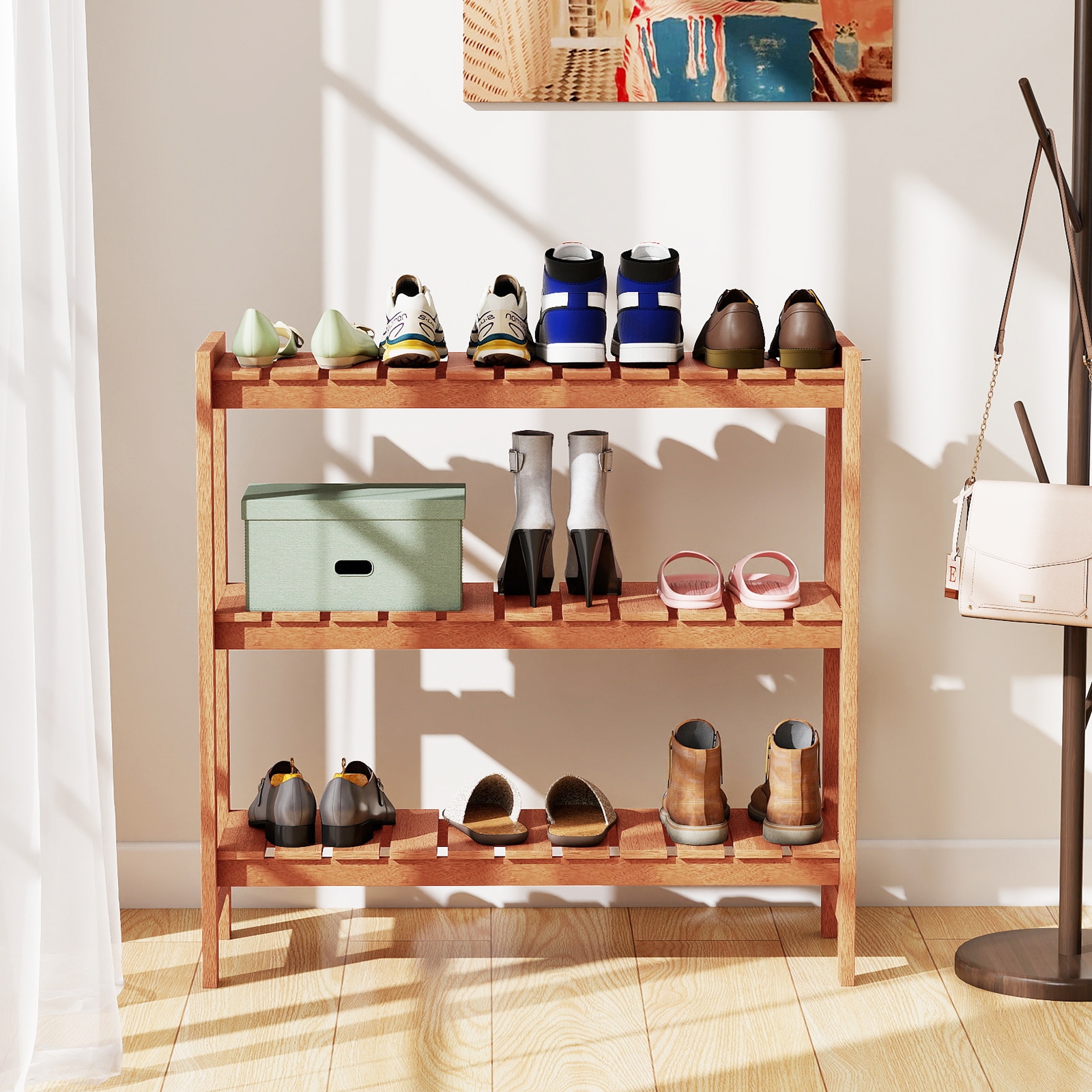 Costway 3-Tier Solid Wood Plant Stand with Slatted Shelves Take Oil ...