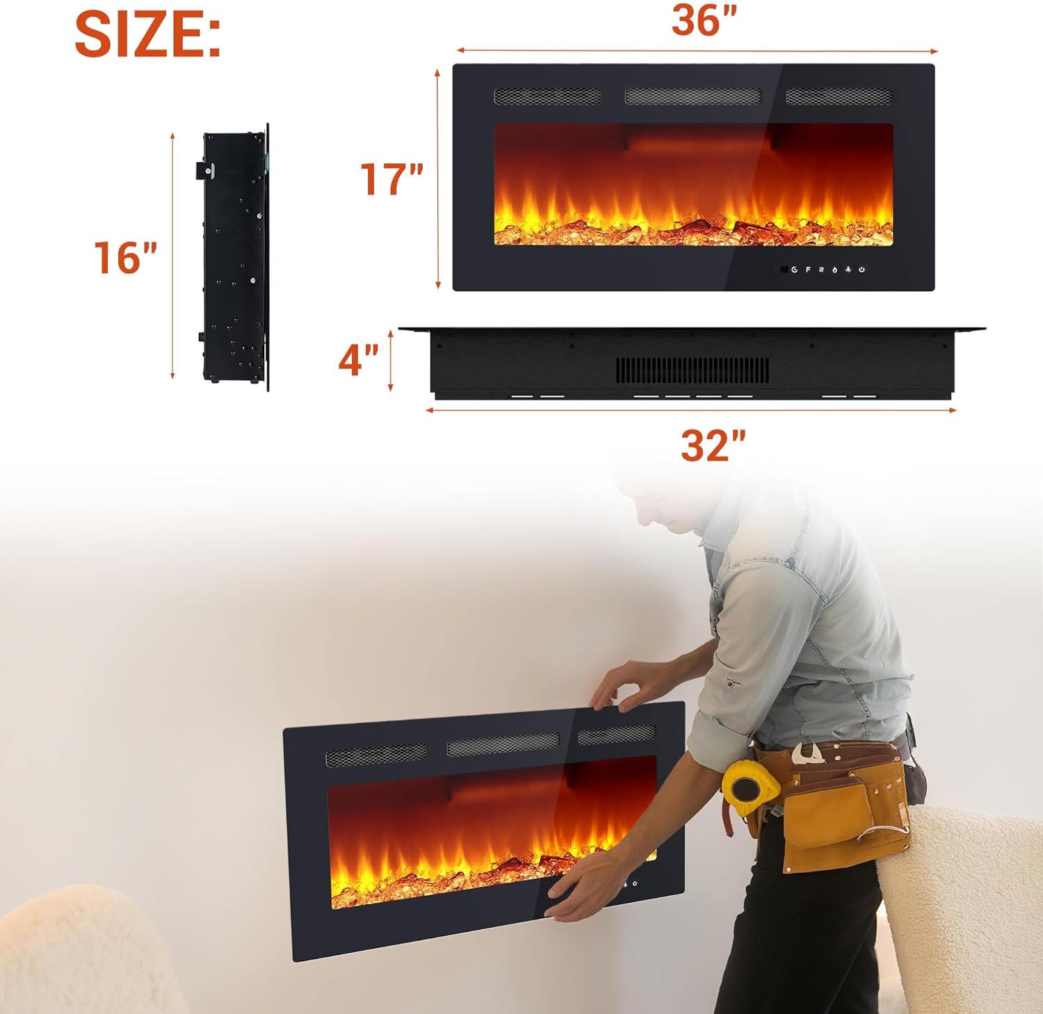 Qeetex 36Inch Recessed Electric Fireplace with Remote Control Wall ...
