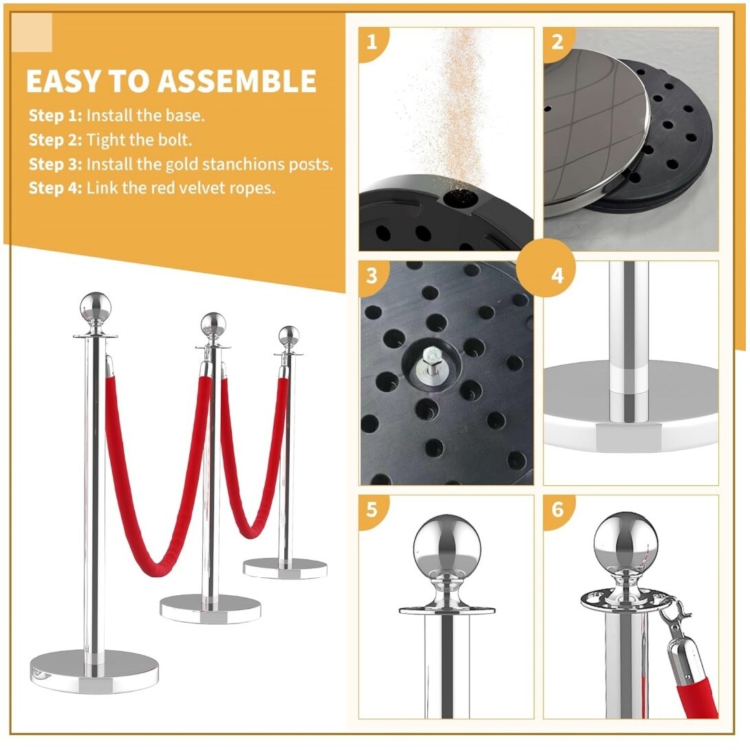Garvee 4 Pcs Stainless Steel Stanchion Posts with Red Velvet Rope 4 Way ...