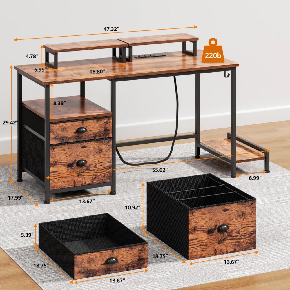 Furologee 47 Inch Computer Desk with File Cabinet and Power Outlets ...