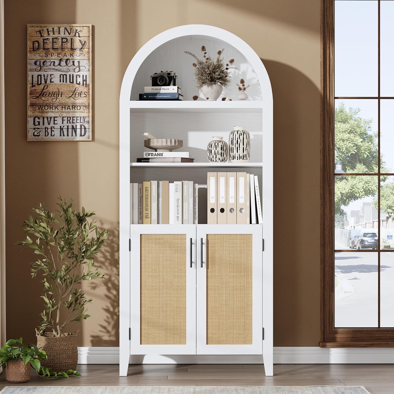 Garvee Arched Bookcase with Doors 5 Tier Open Display Shelf with Rattan ...