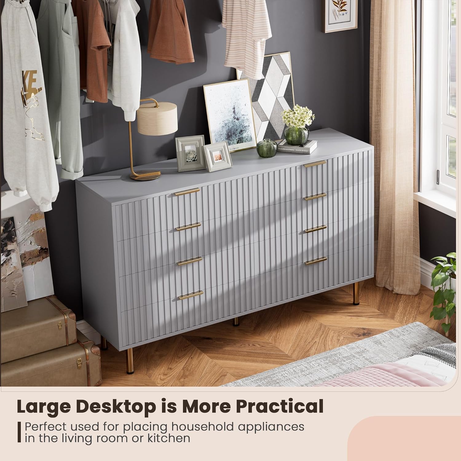 Garvee Gray Fluted 8 Drawer Dresser 33.4 Inch Tall Modern Chest with ...