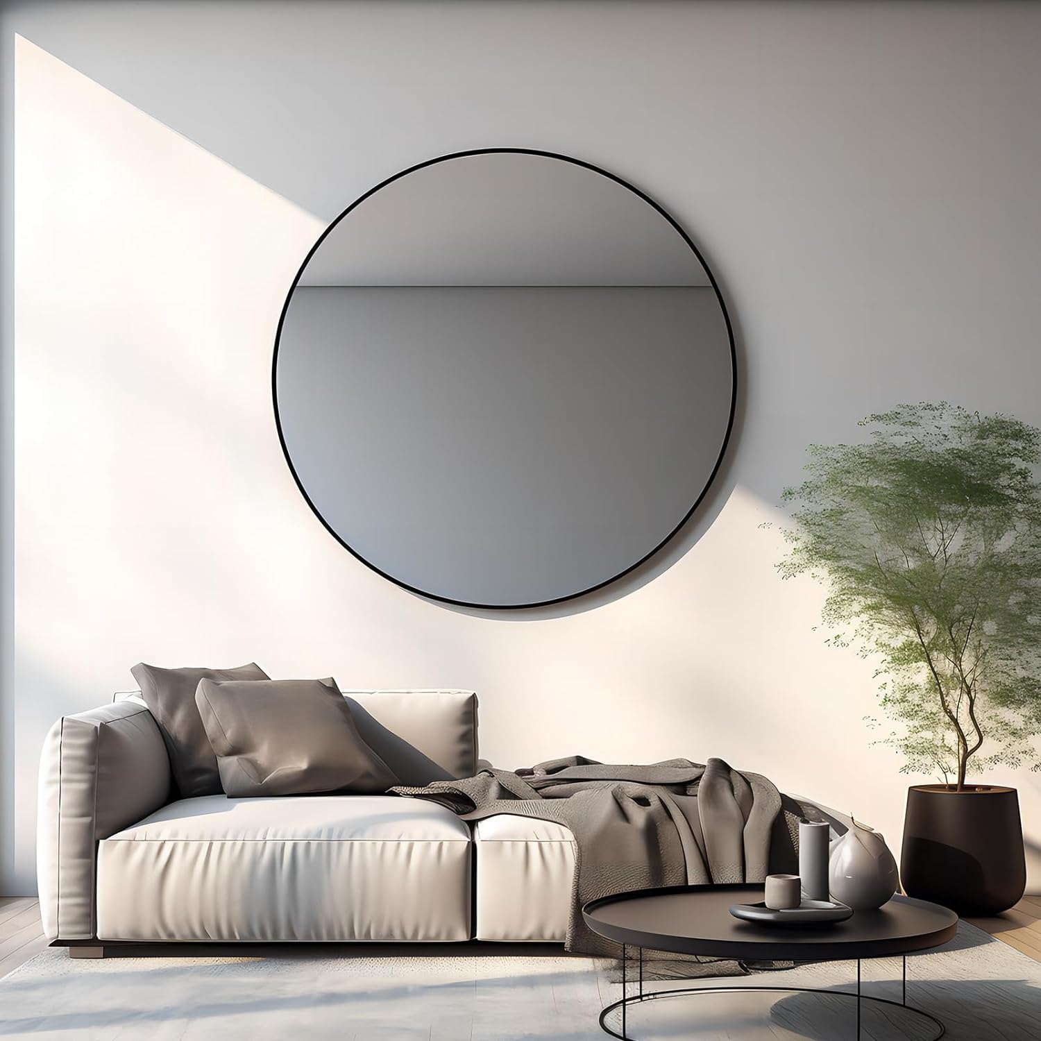 LOVMOR 42 Inch Black Metal Framed Round Bathroom Mirror for Wall in the ...