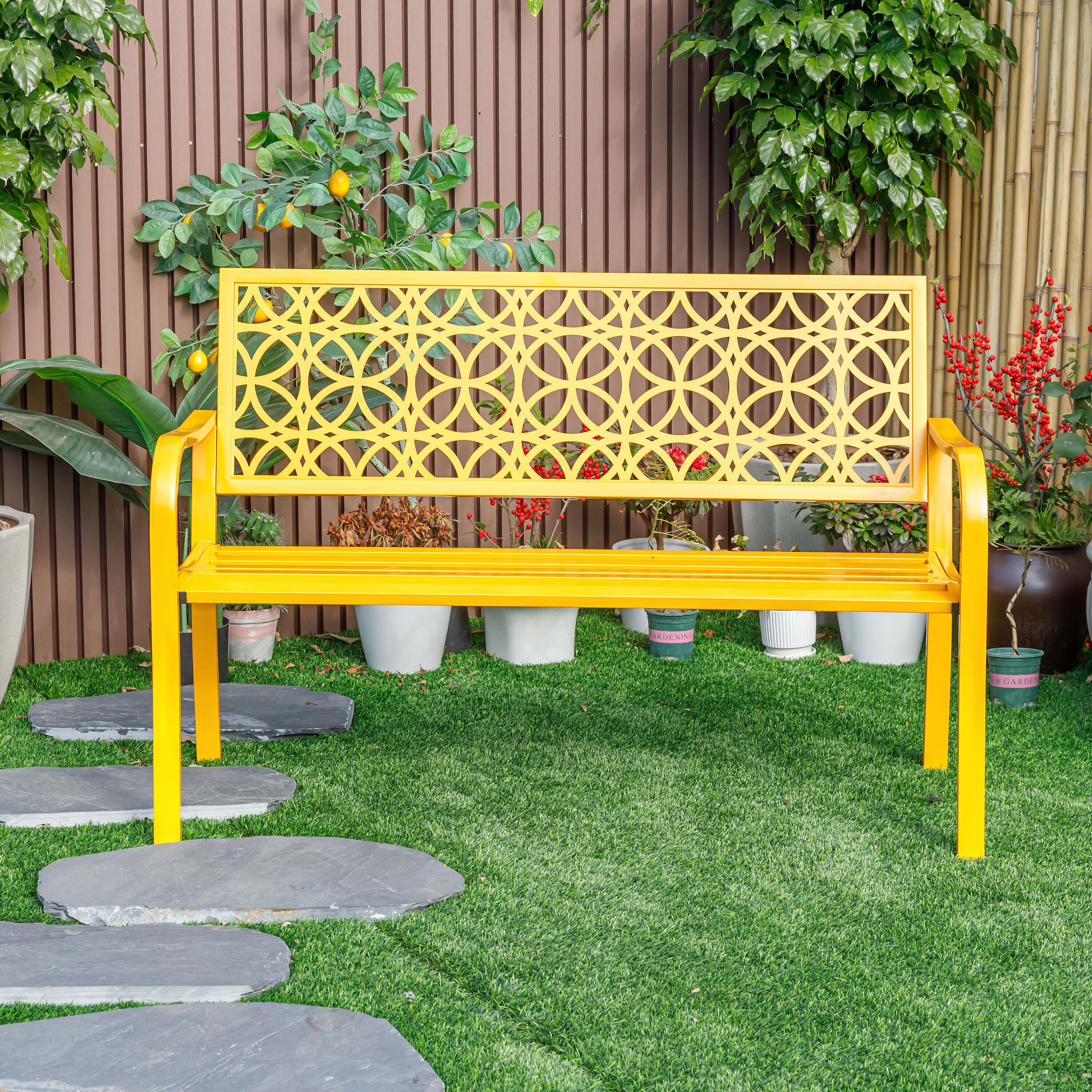 Hi-Line Gift Patio Bench 24-in W x 33-in H Yellow Steel Traditional ...