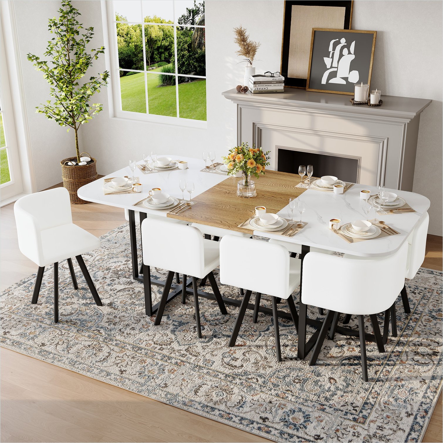 Watnature 8-Person Square Dining Set with White Faux Marble Tabletop ...