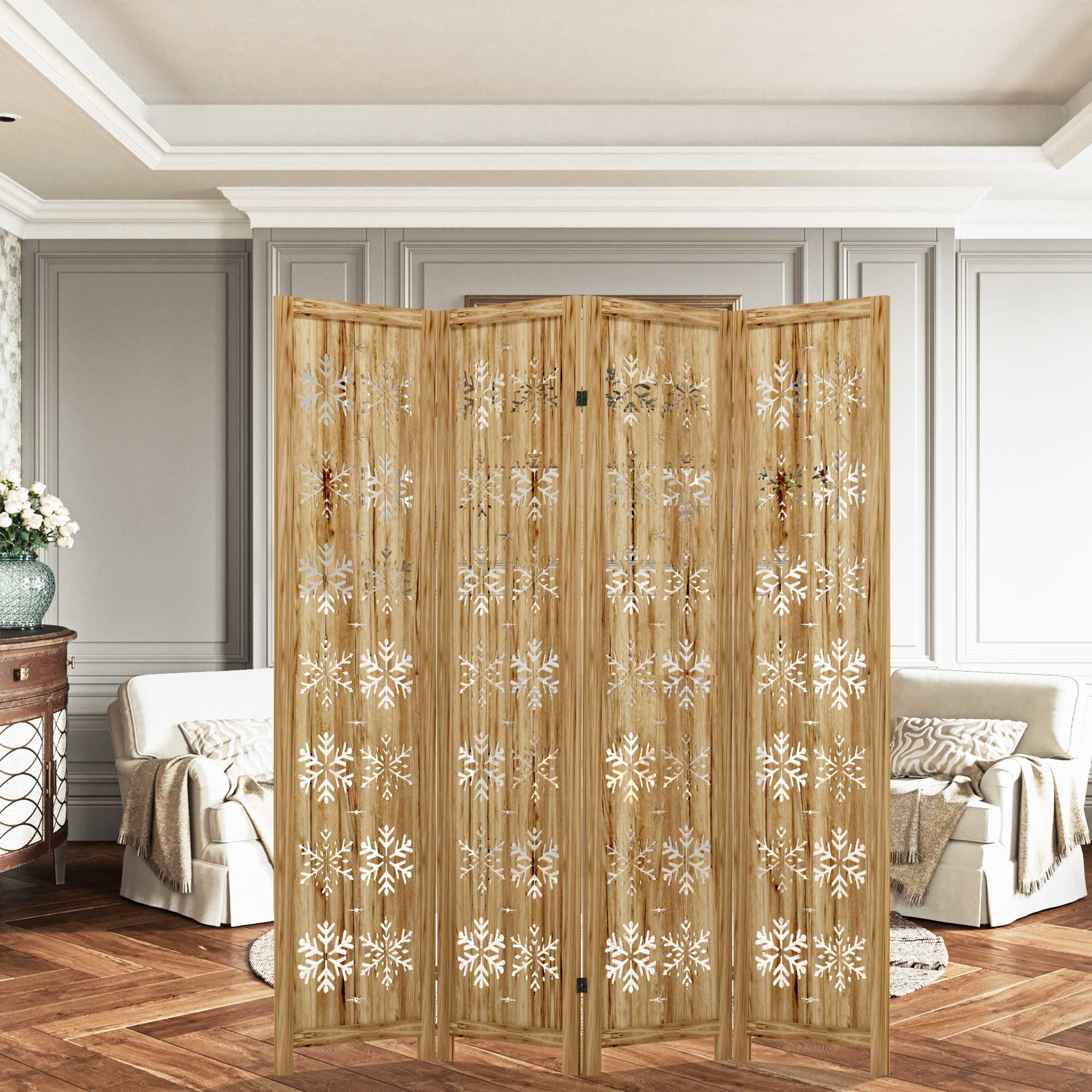 Misty Moon Room Divider Wood Screen with Snowflake Pattern and Original ...