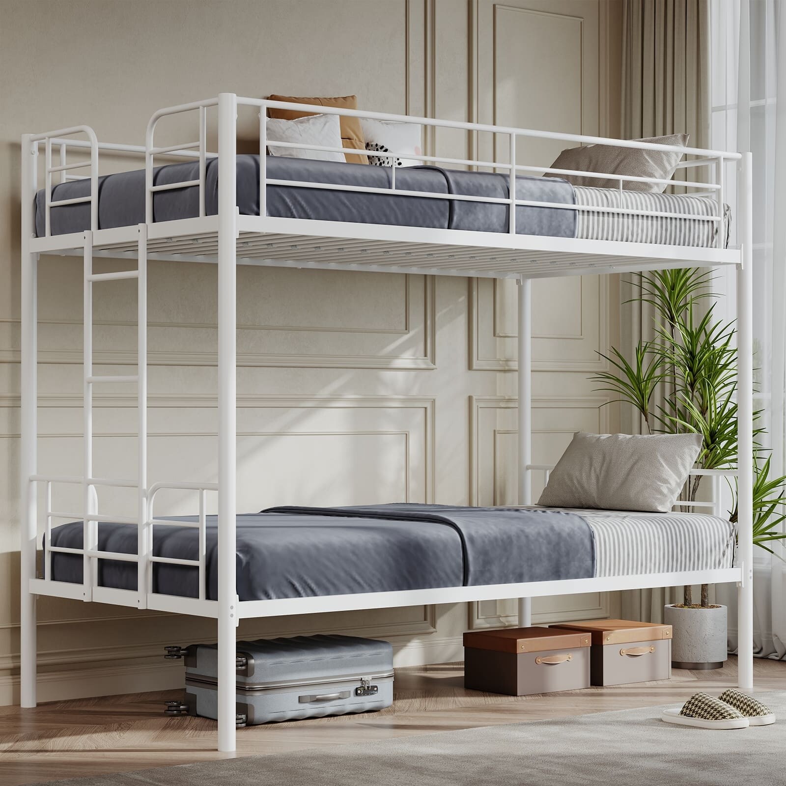 Sweetcrispy White Twin Over Twin Heavy-Duty Metal Bunk Bed with Stairs ...