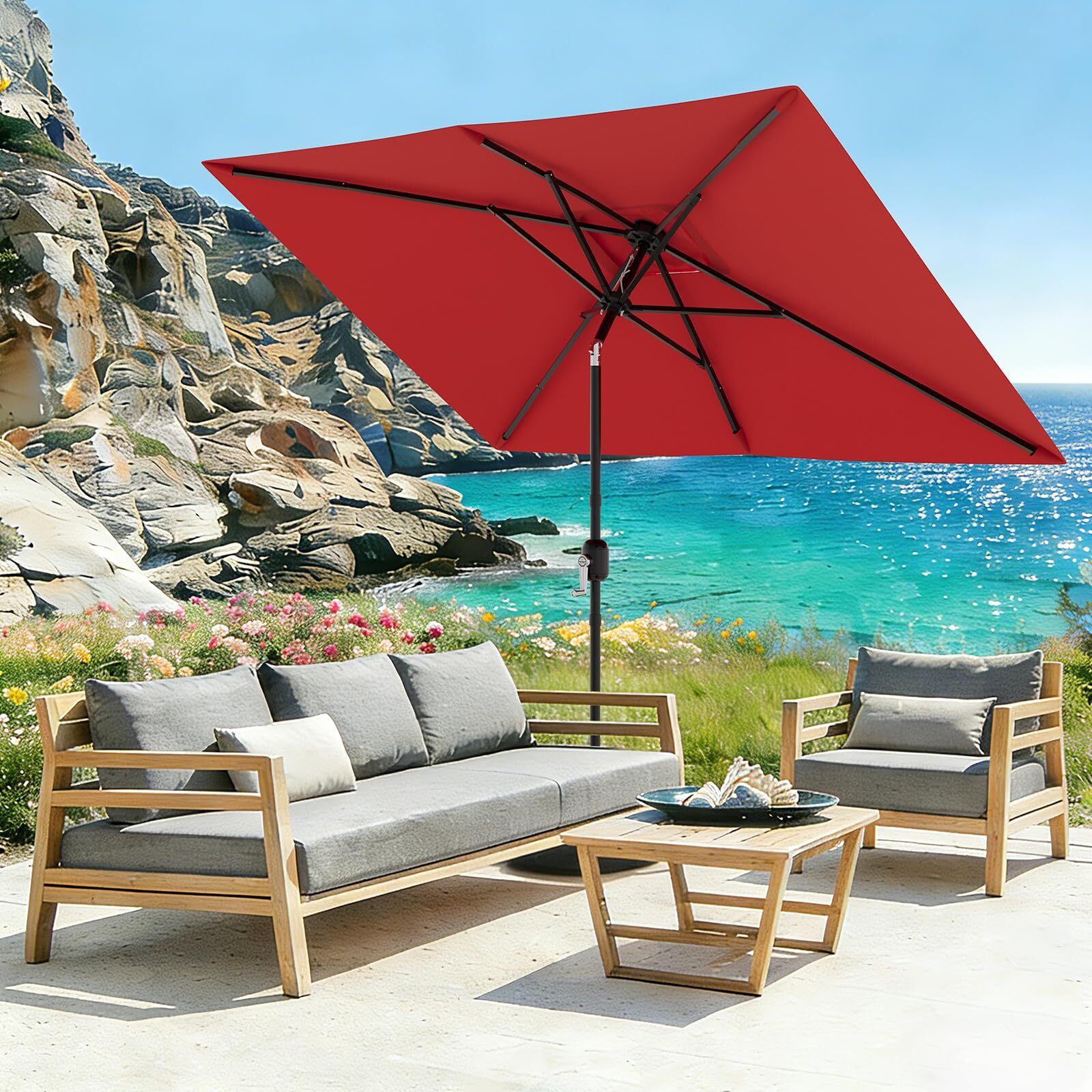 Aoile Rectangle Patio Umbrella with 6 Sturdy Ribs for Garden/Deck/Lawn ...