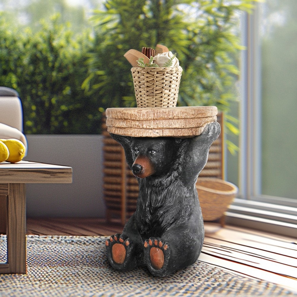 SunJet Rustic 20.8IN H Black Bear Side Table Bear Statue Holding a Tree ...