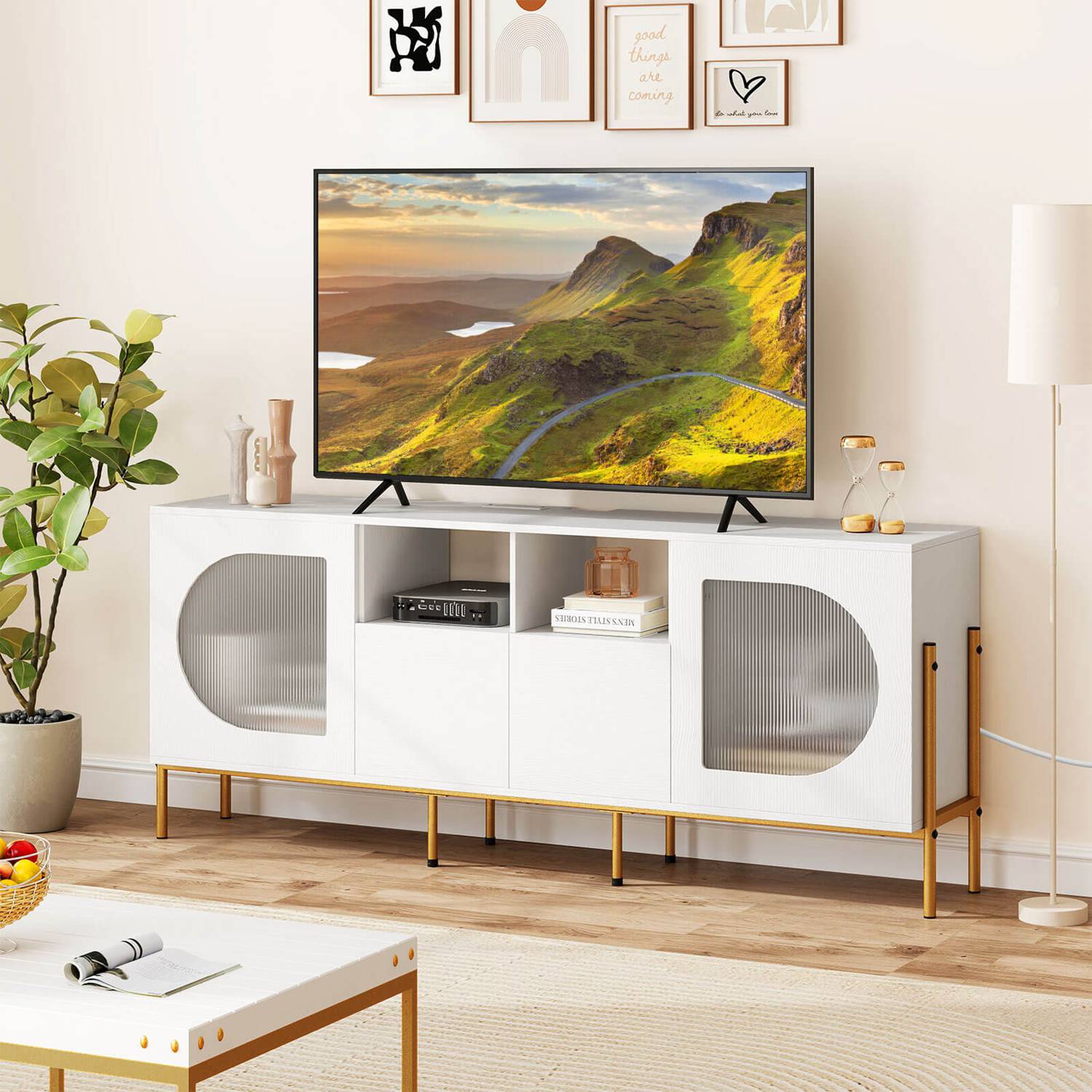 Costway 3-Tier TV Stand with Power Outlets for 65 inches TVs LED Lights ...