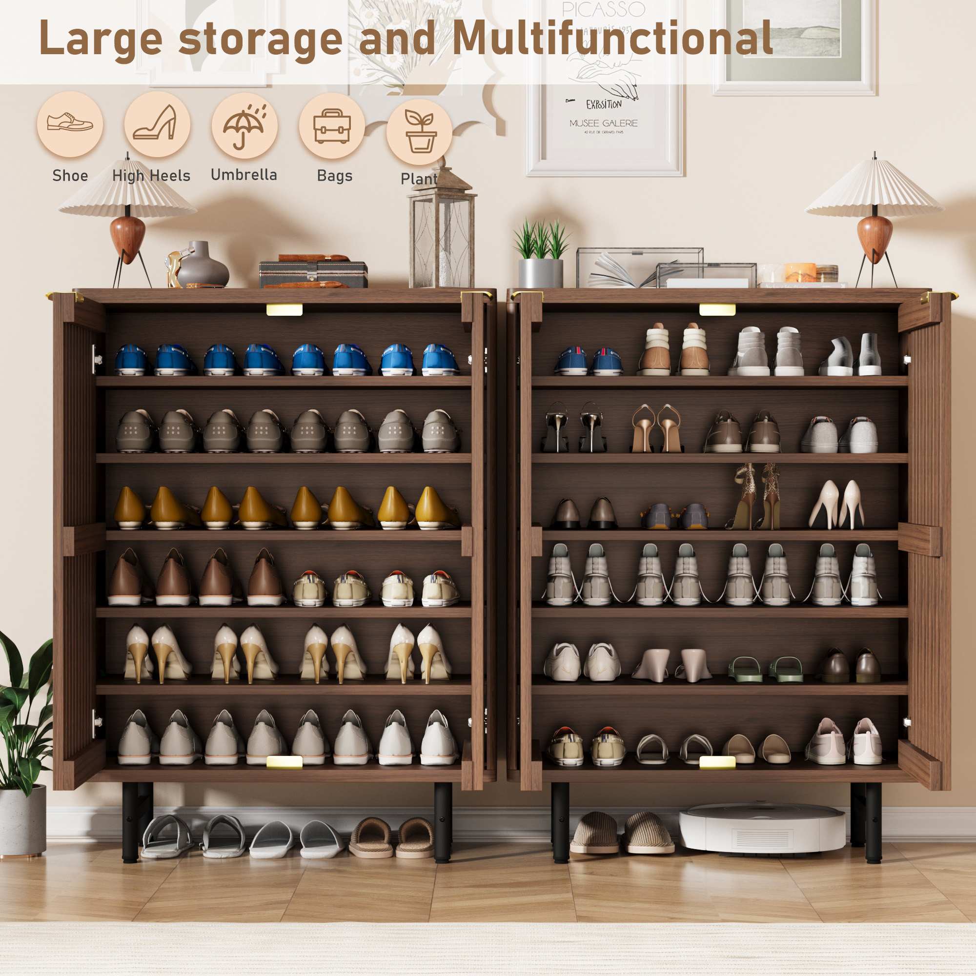 Qeetex 6-Tier Shoe Cabinet with Louver Doors Wooden Shoe Storage ...